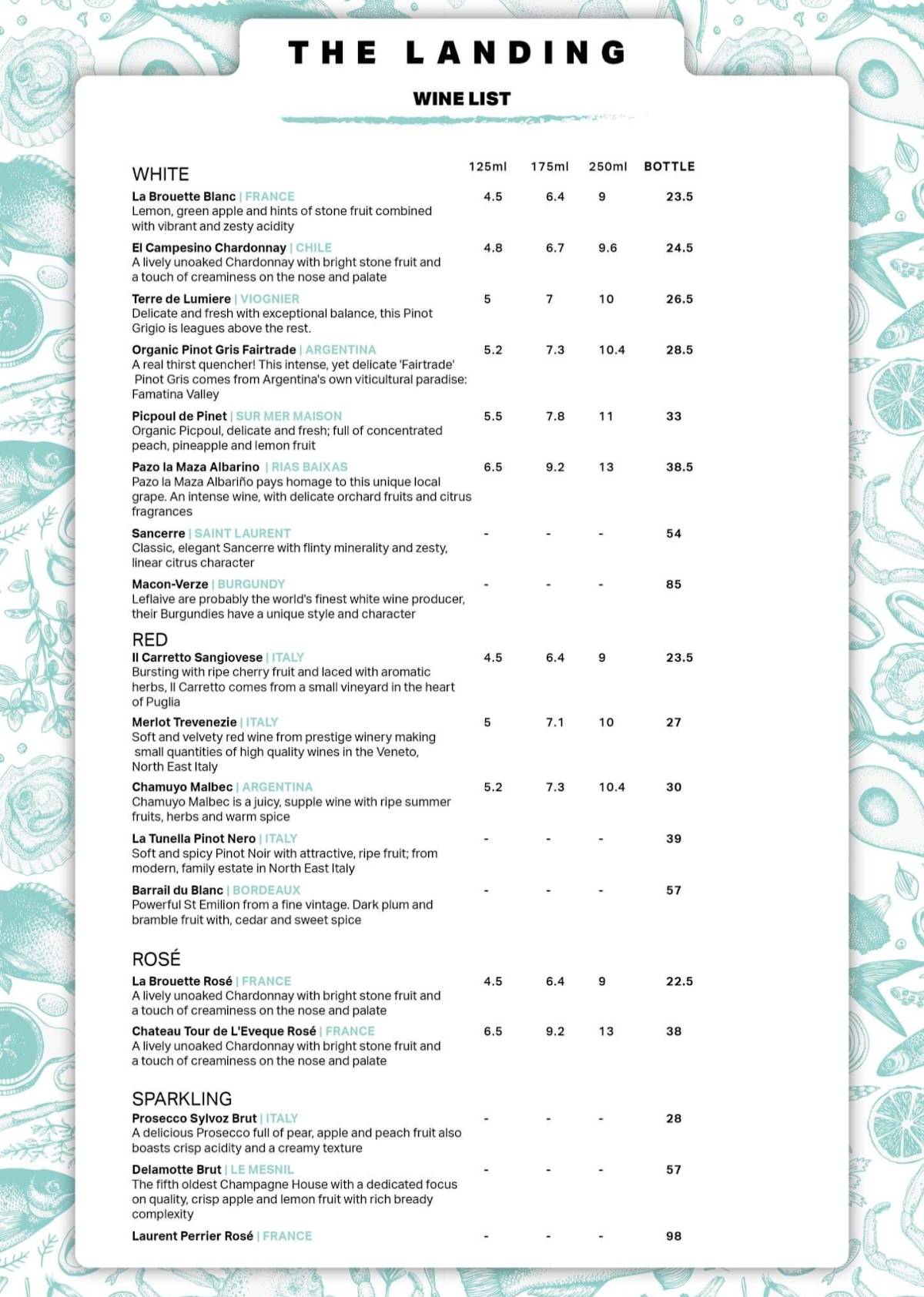 Menu at The Landing, Beadnell Bay restaurant, Beadnell
