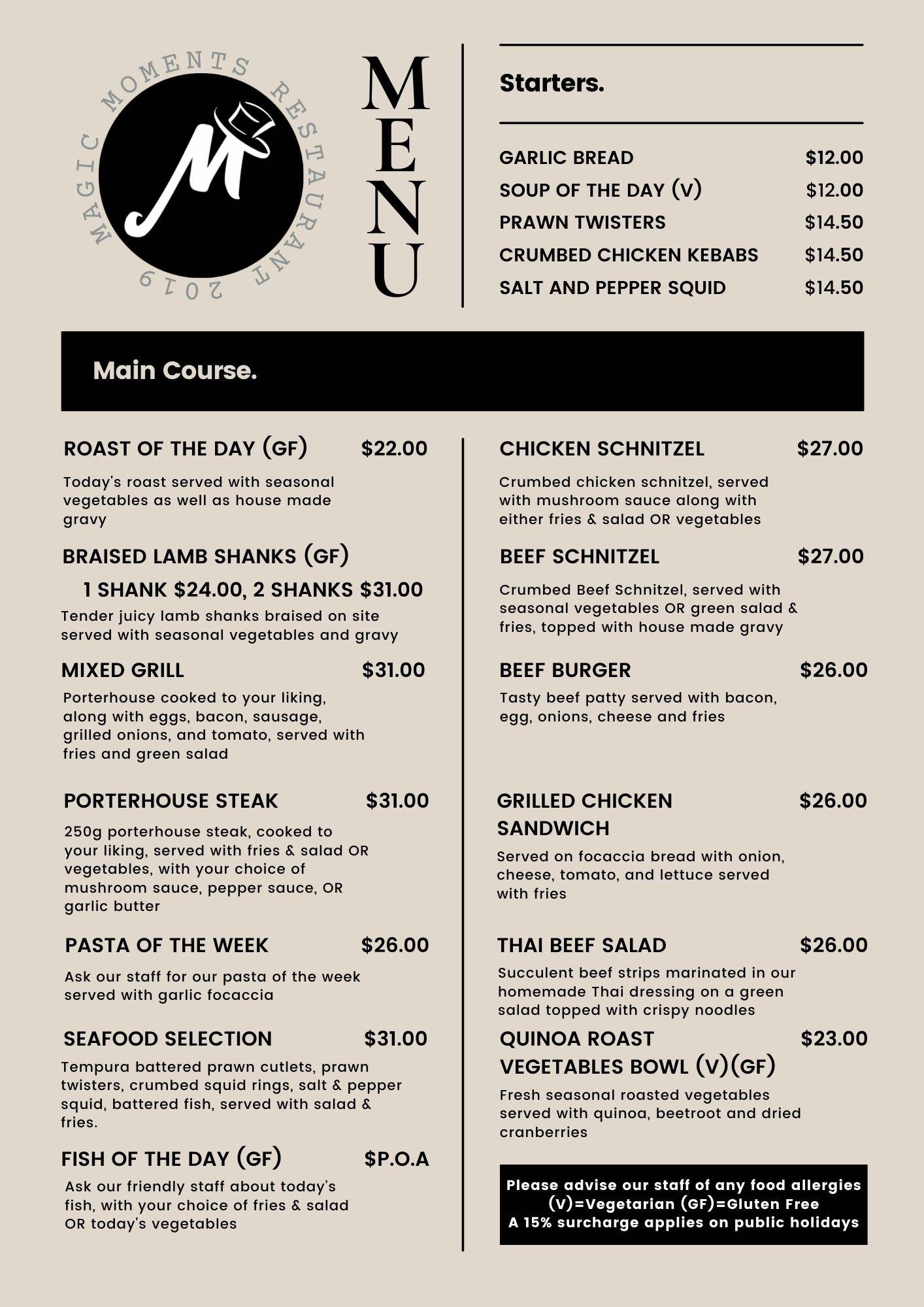 Menu at The Law Courts Hotel restaurant, Dunedin