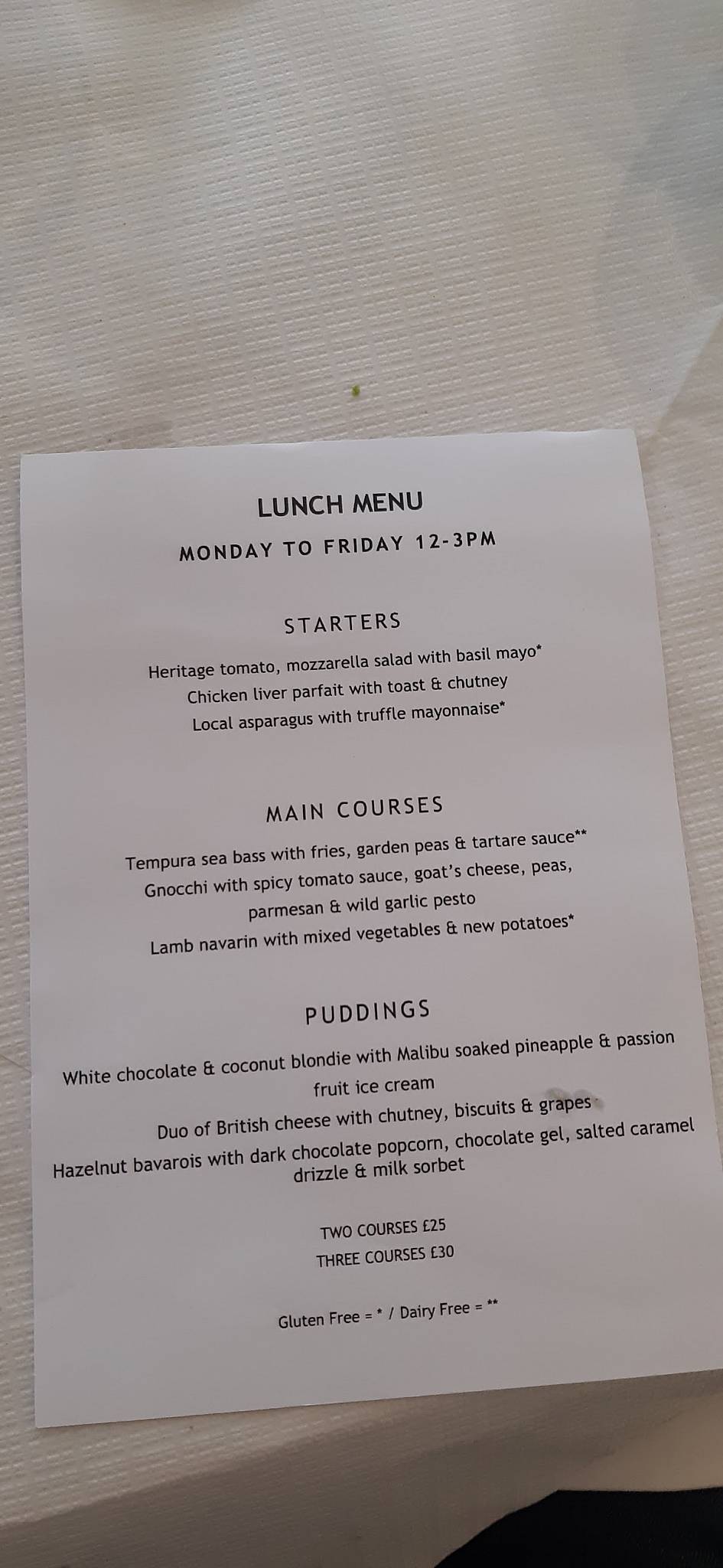 Menu at The Lighthouse restaurant, Aldeburgh