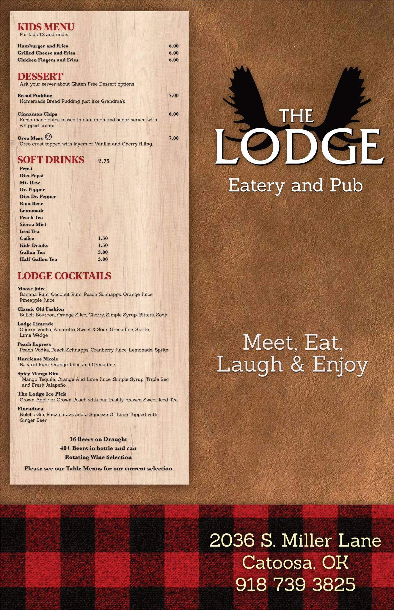 Menu at The Lodge Eatery and Pub - Catoosa, Catoosa, South Miller Lane ...