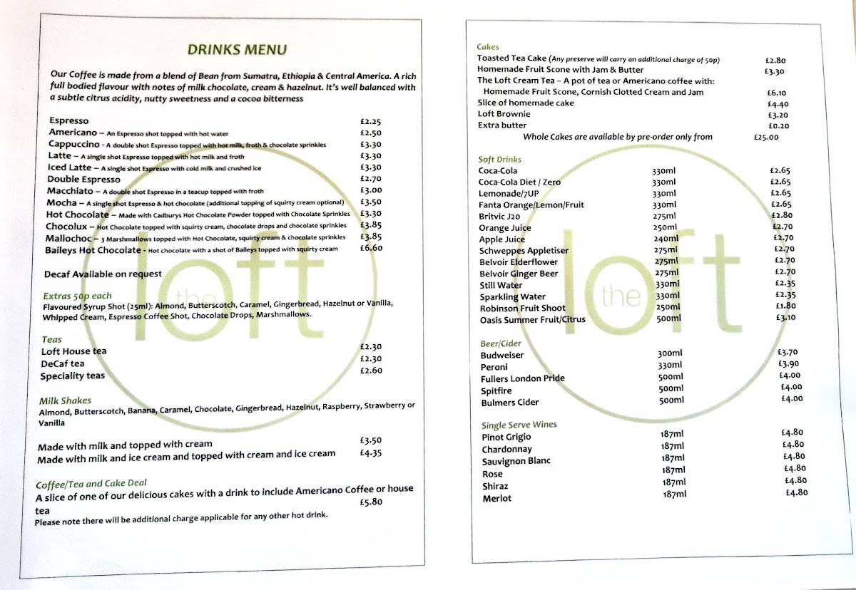 Menu at The Loft cafe, Spalding