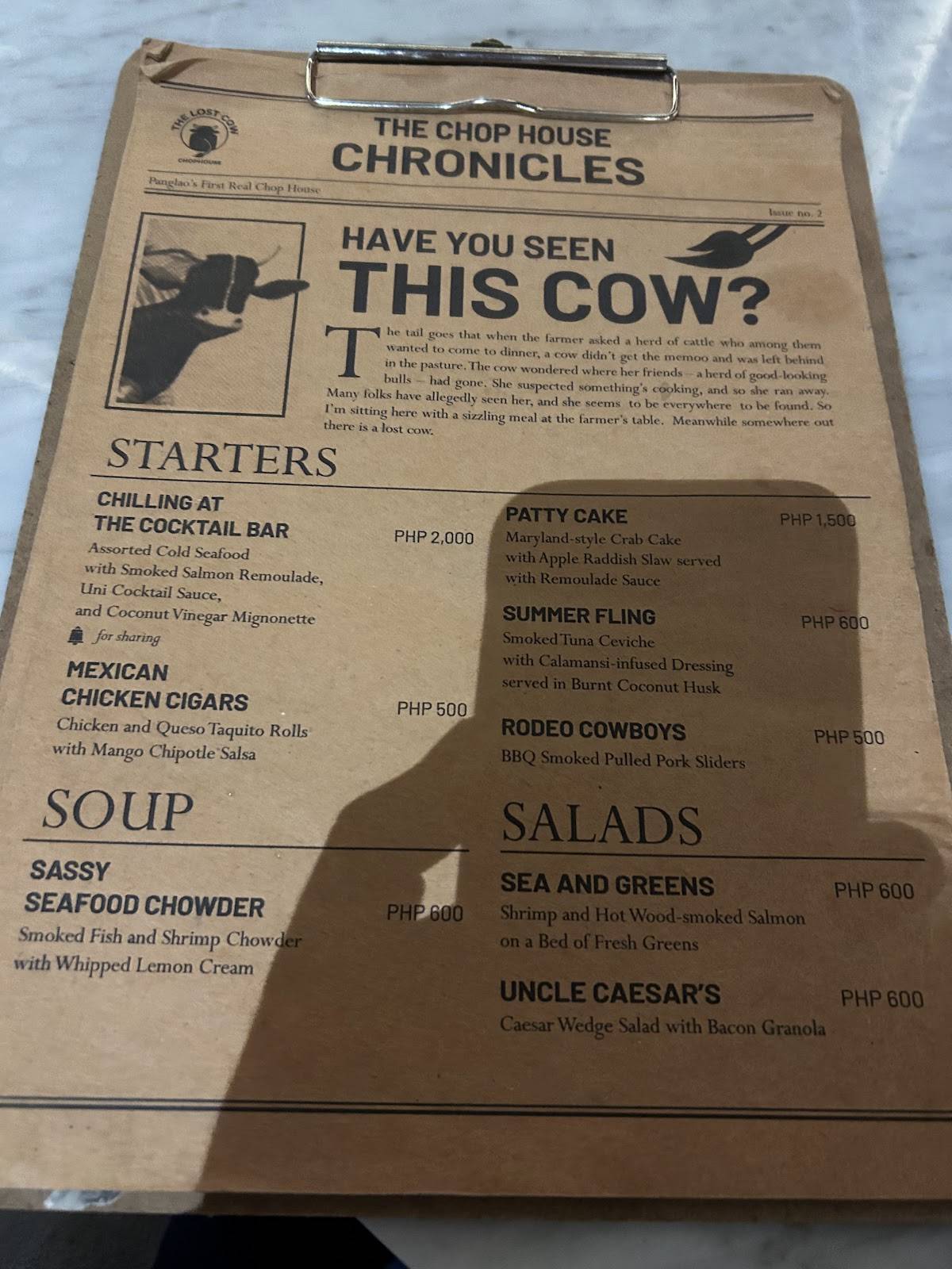 Menu at The Lost Cow restaurant, Panglao
