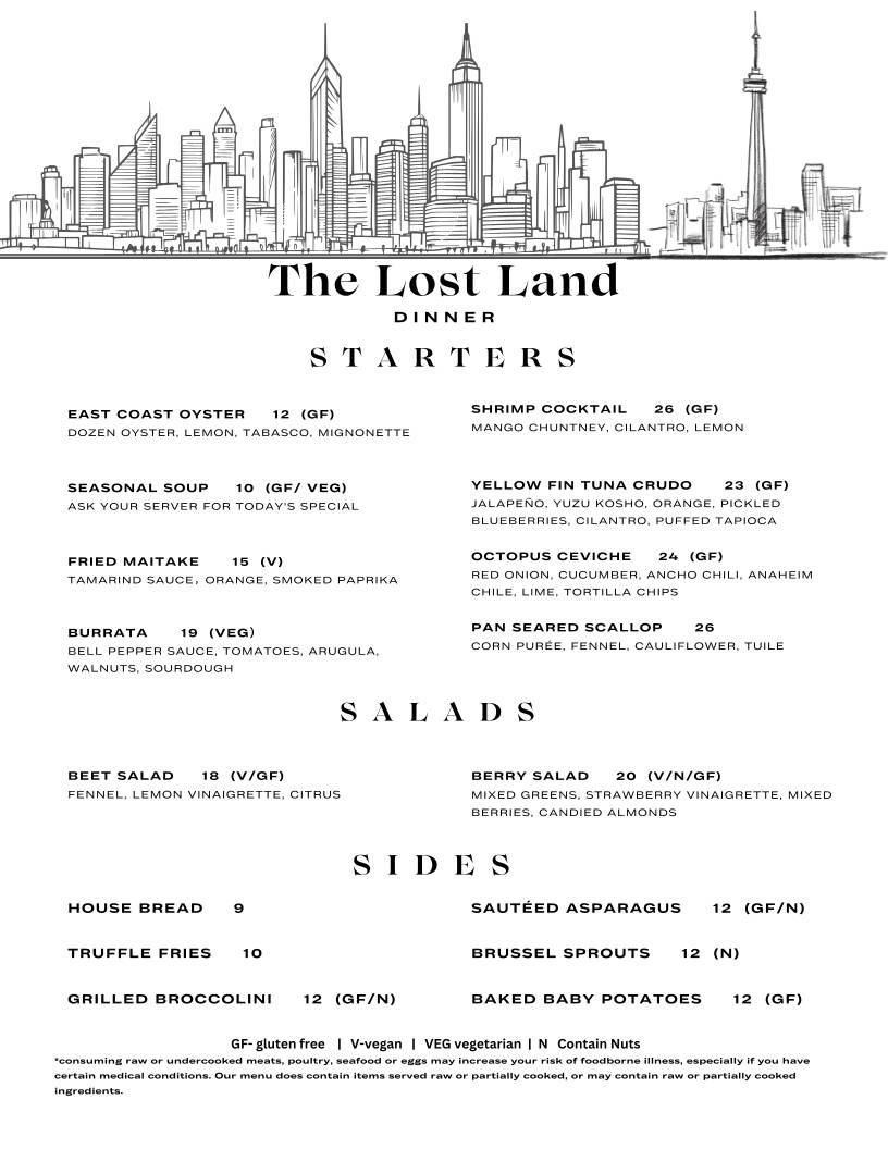 Menu au The Lost Land restaurant, Toronto