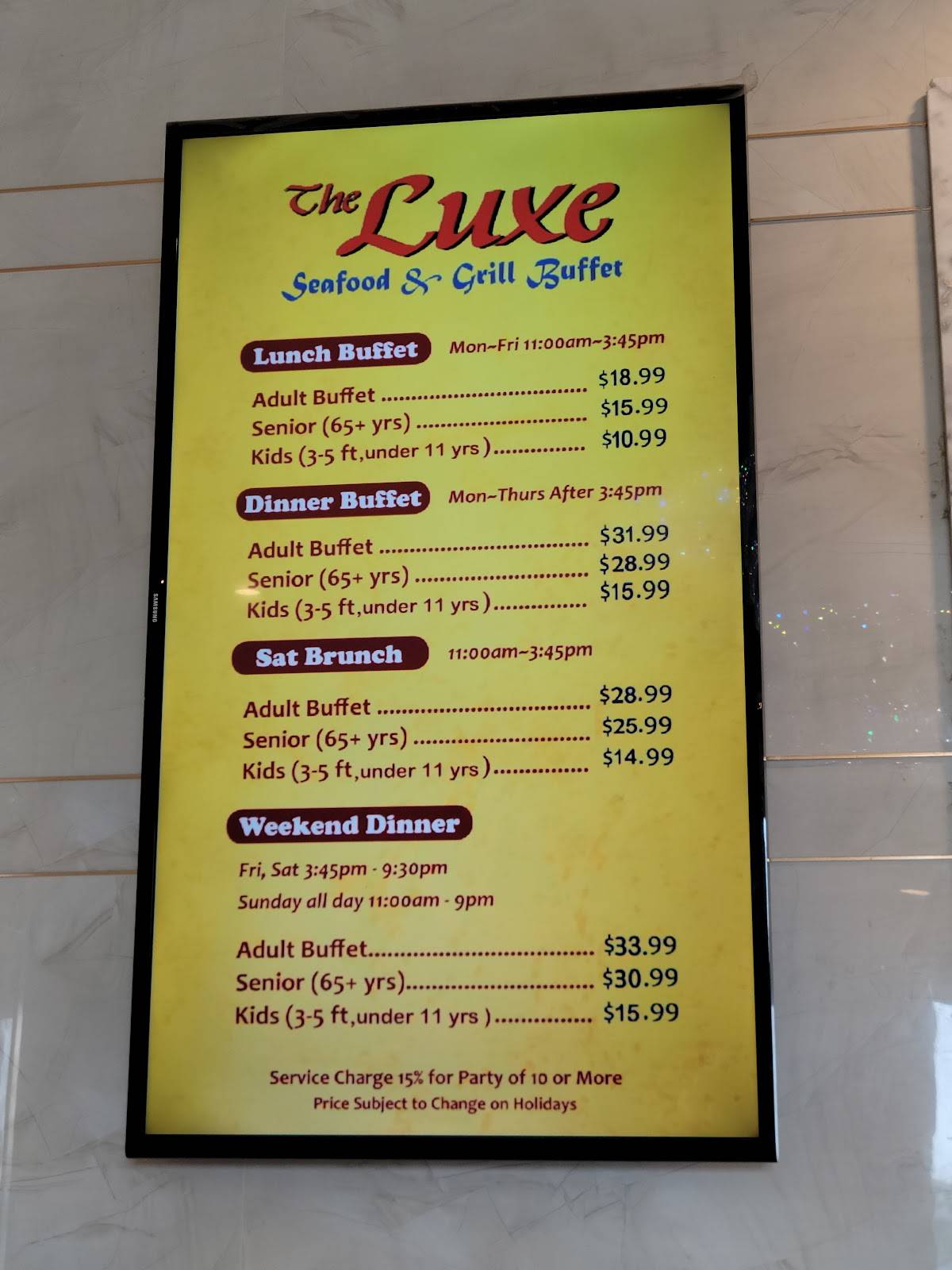 Menu at The Luxe Buffet restaurant, Westminster, Westminster Mall