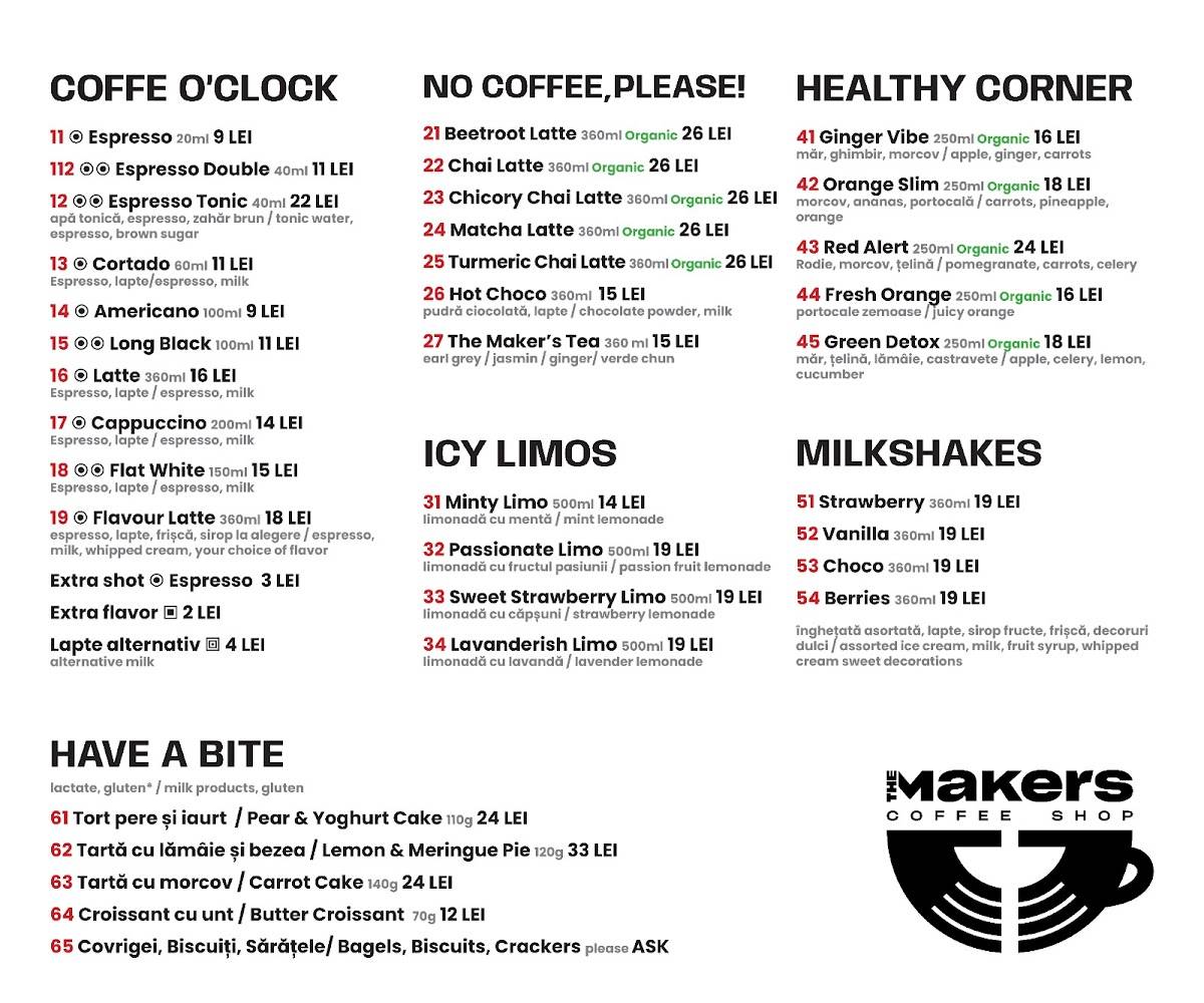 Menu at The Makers Coffee Shop Aviației, Bucharest