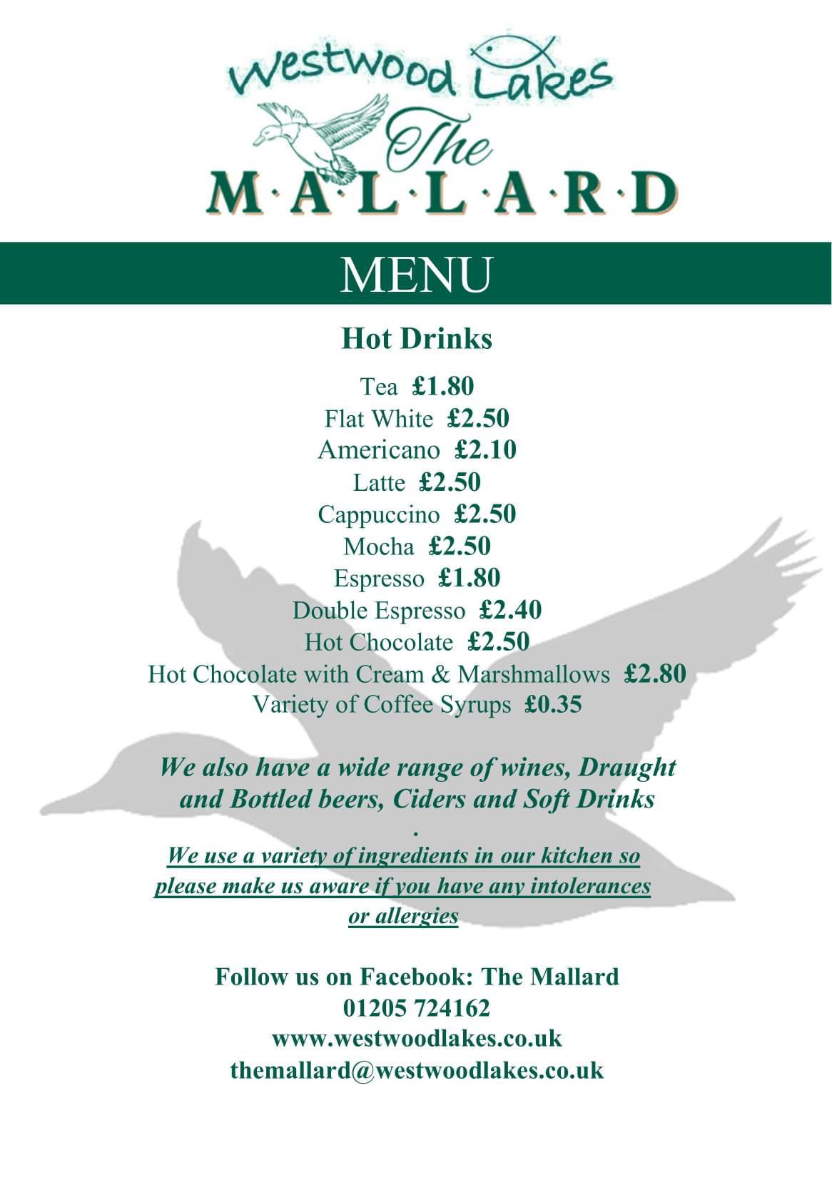 Menu at The Mallard Bar and Lounge, Boston