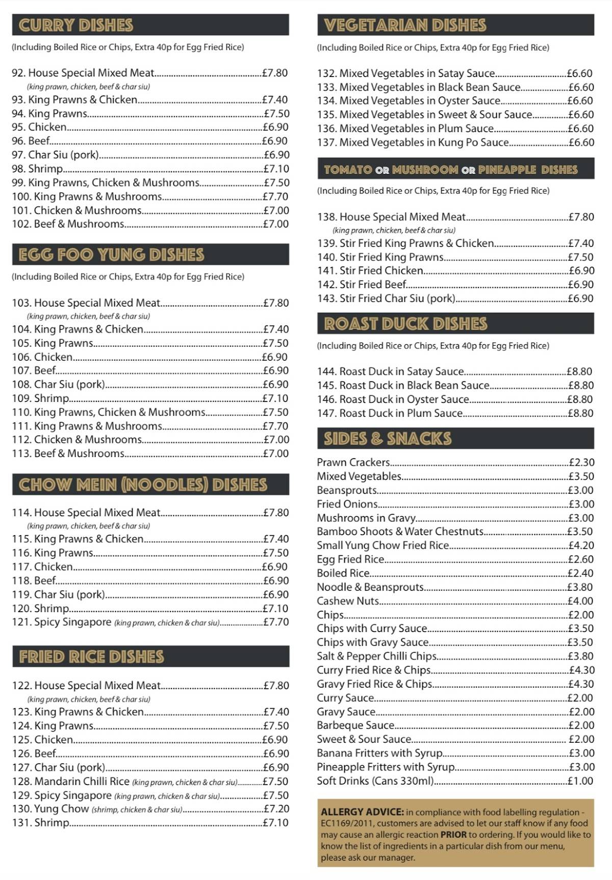 Menu at The Mandarin fast food, Wallsend, 4 Coast Rd