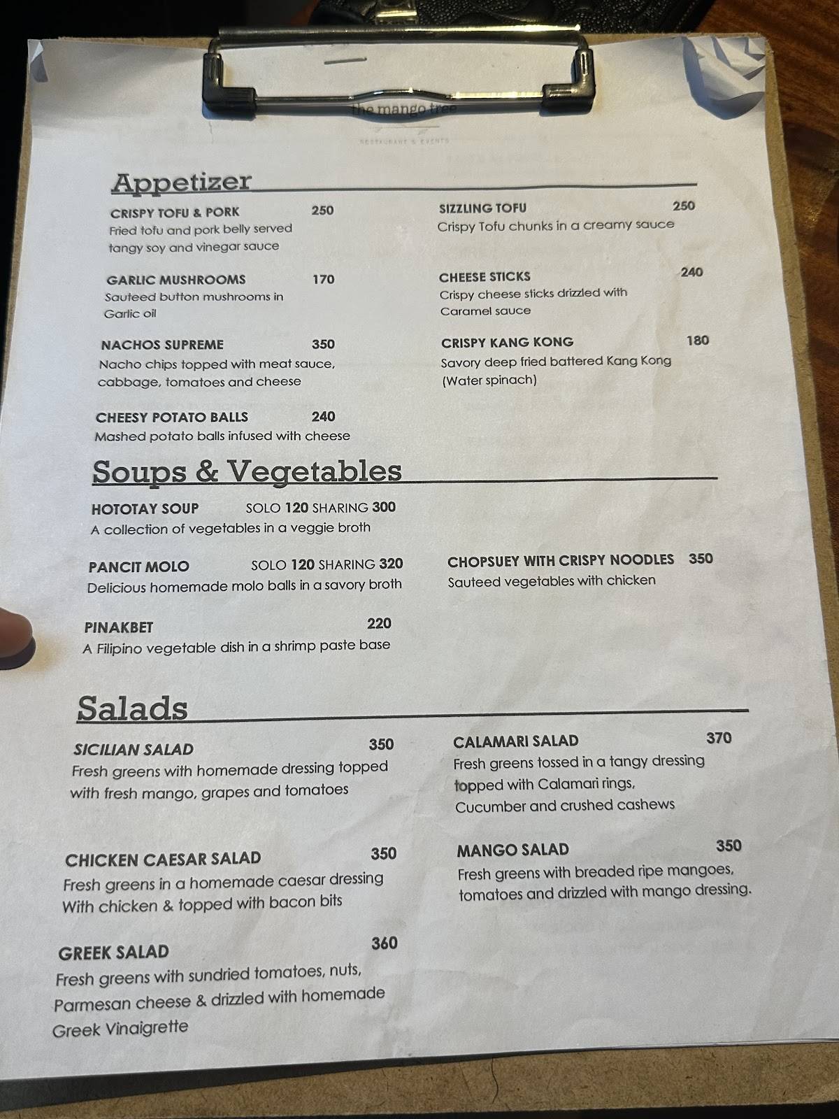 Menu at The Mango Tree Restaurant, Iloilo City, Barangay