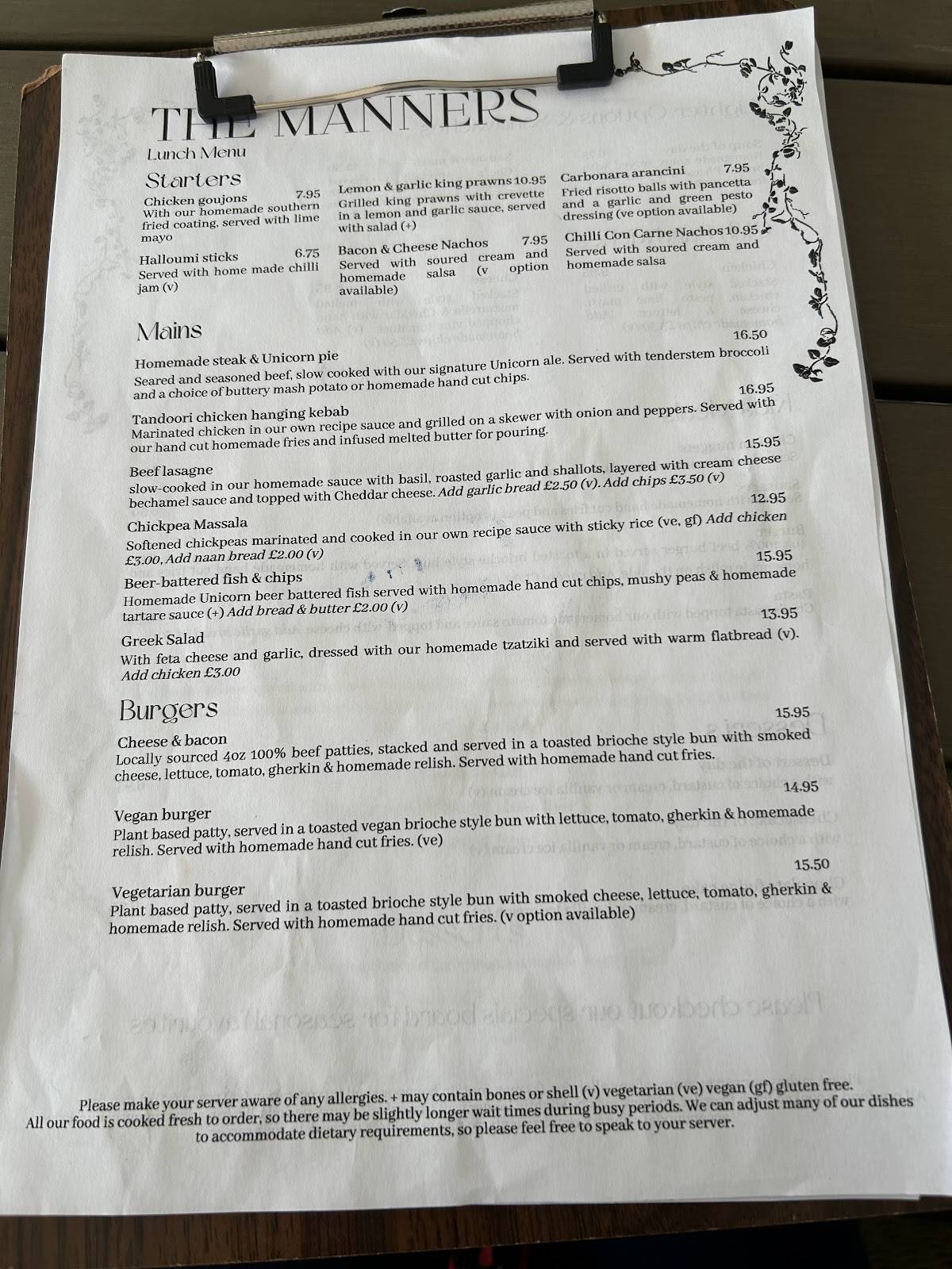 Menu at The Manners, Bakewell pub & bar, Bakewell