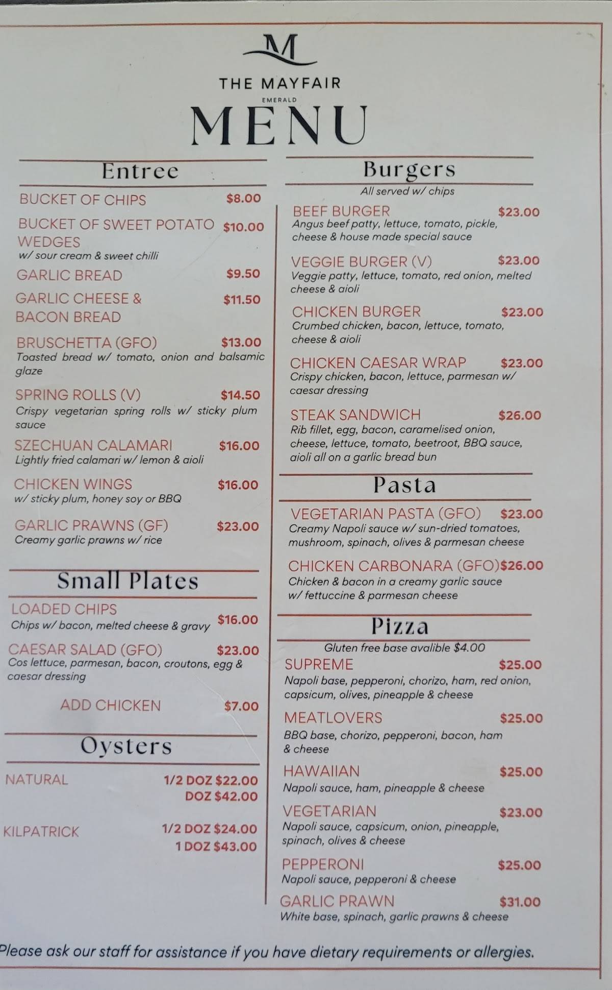 Menu at The Mayfair Emerald pub & bar, Emerald