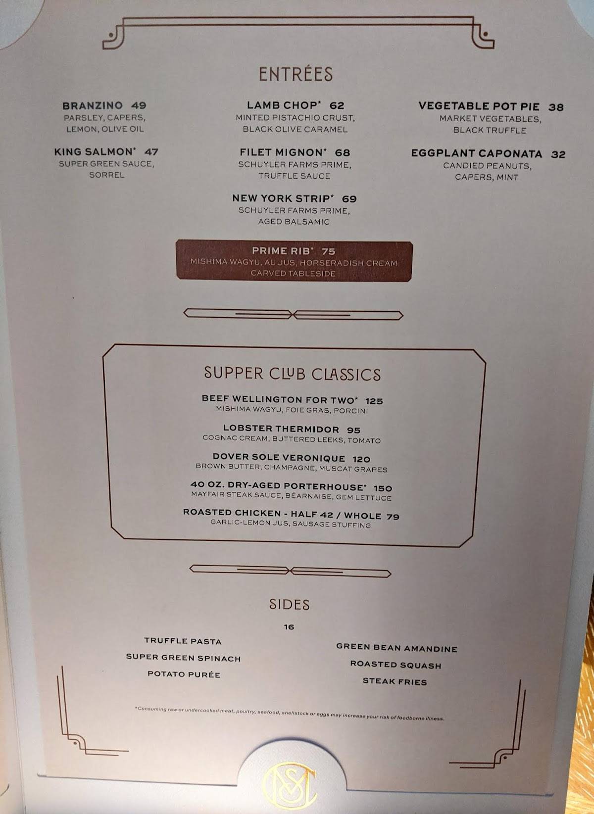 Menu at The Mayfair Supper Club, Las Vegas