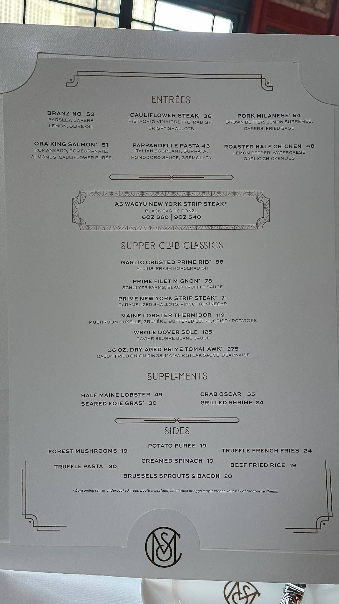 Menu at The Mayfair Supper Club, Las Vegas