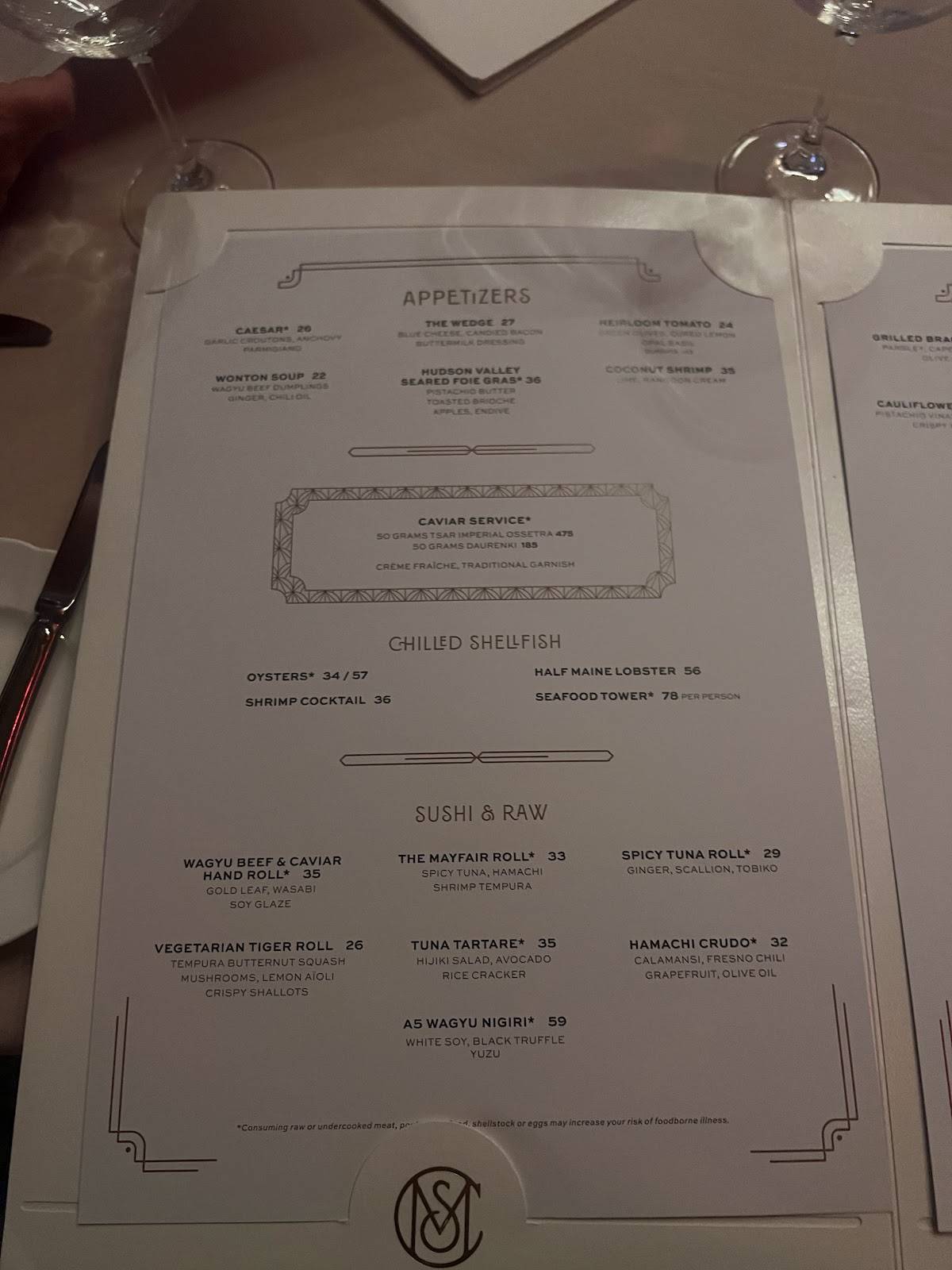 Menu at The Mayfair Supper Club, Las Vegas