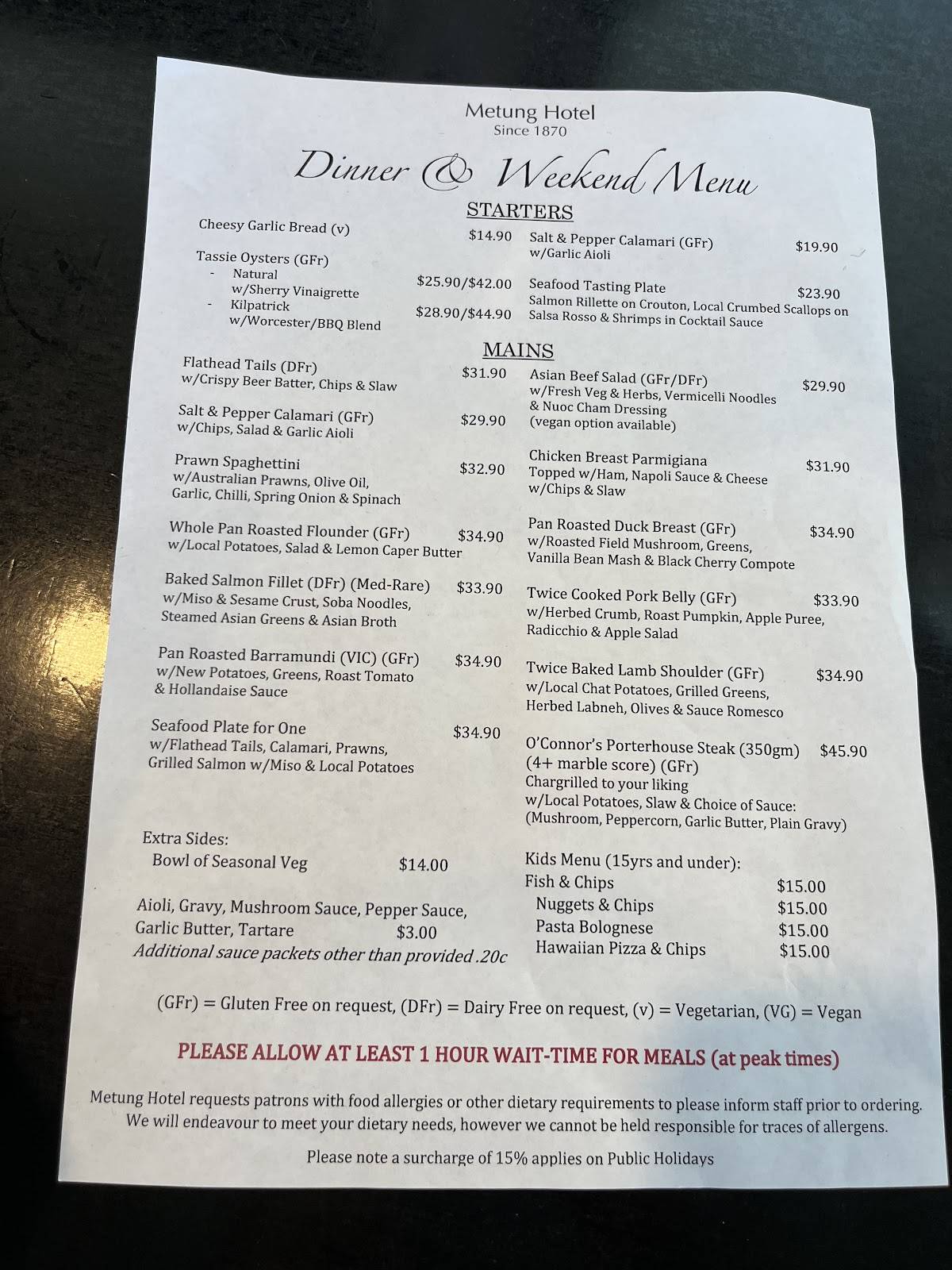 Menu at The Metung Hotel pizzeria, Metung, 64 Kurnai Ave