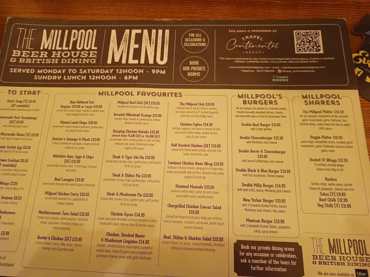 Menu at The Millpool restaurant, Coventry, Hipswell Hwy