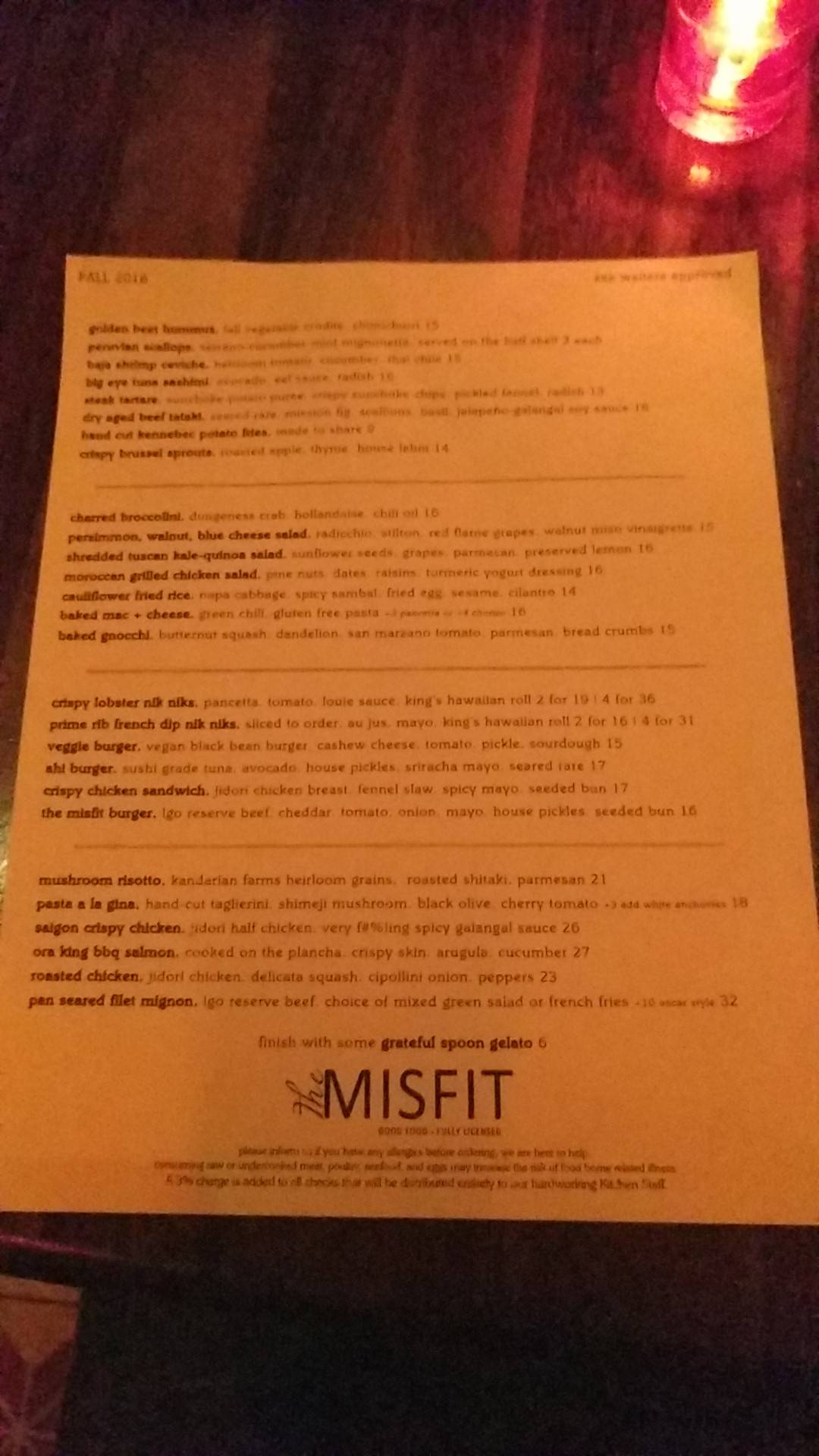 Menu at The Misfit Bar & Restaurant, Santa Monica