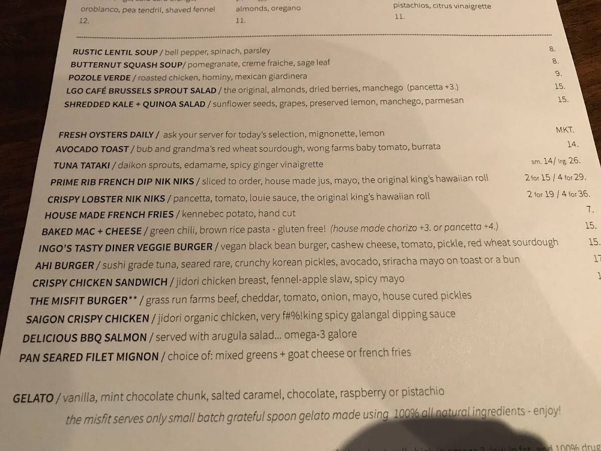 Menu at The Misfit Bar & Restaurant, Santa Monica