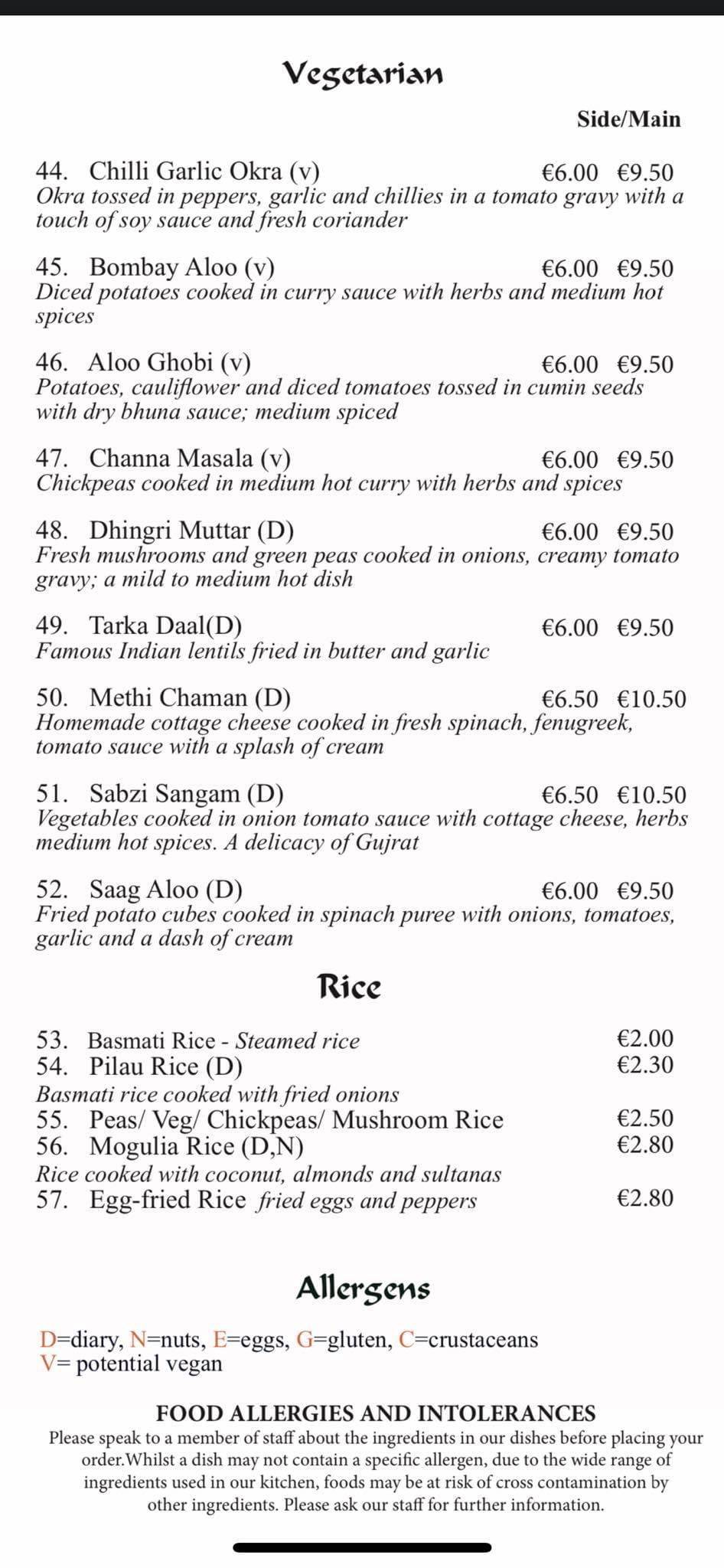 Menu at The Mogul Emperor restaurant, Limerick