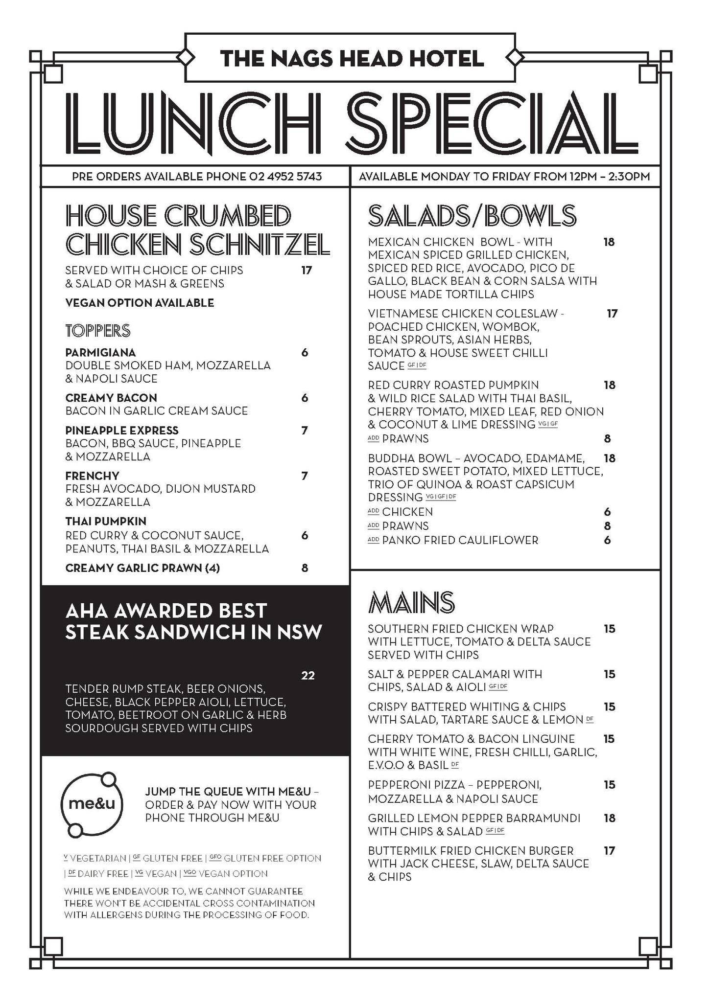 Menu at The Nags Head restaurant, Adamstown