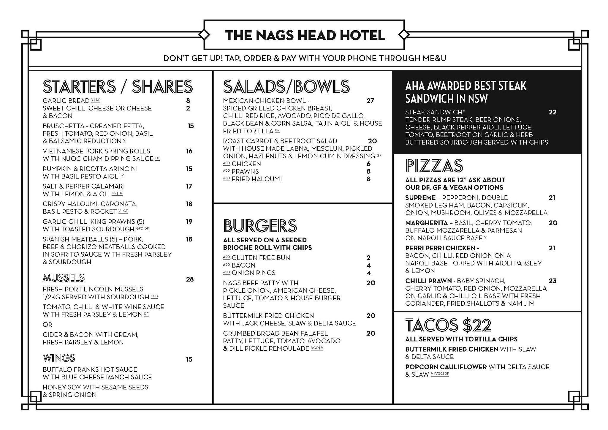 Menu at The Nags Head restaurant, Adamstown
