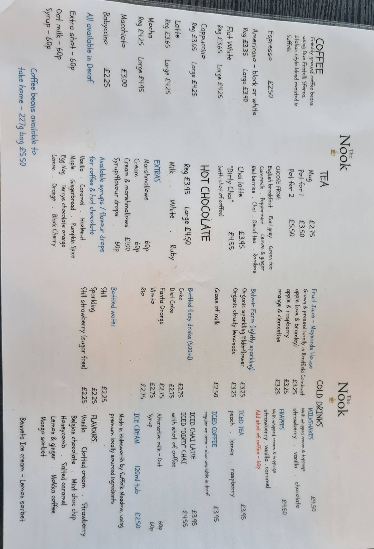 Menu at The Nook at Risby Barns, Risby