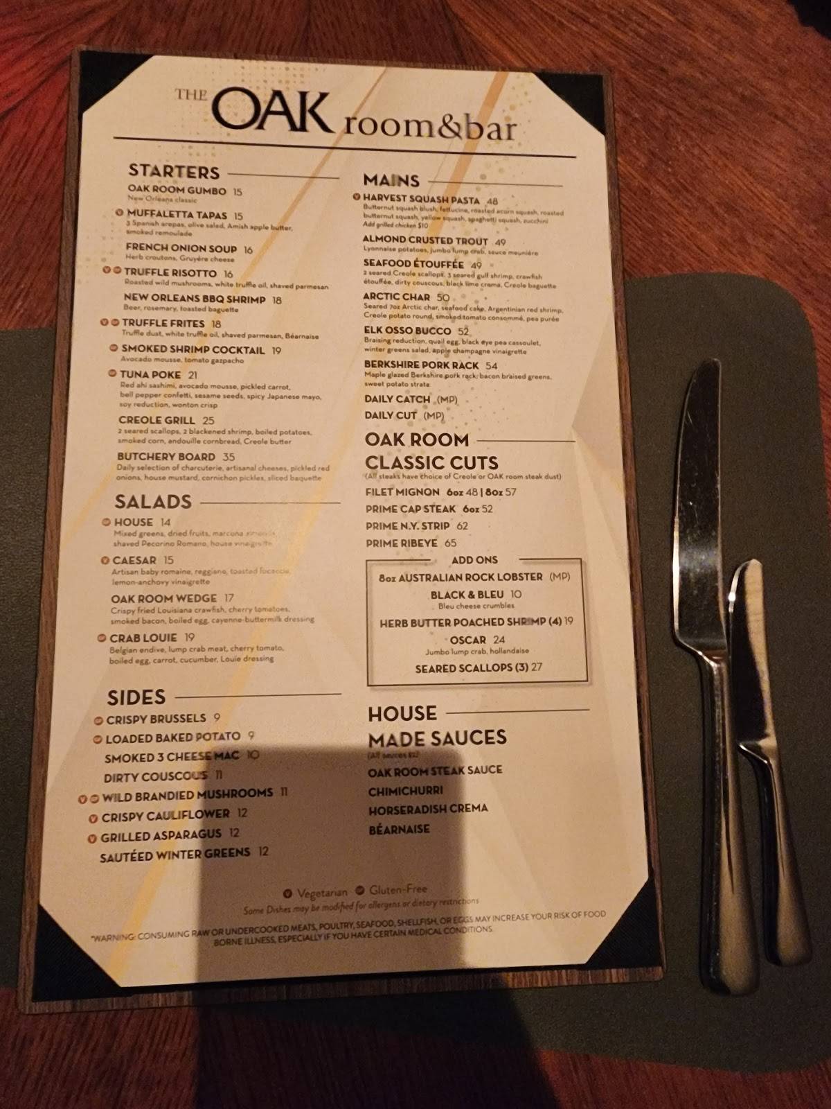Menu at The Oak Room restaurant, Hot Springs