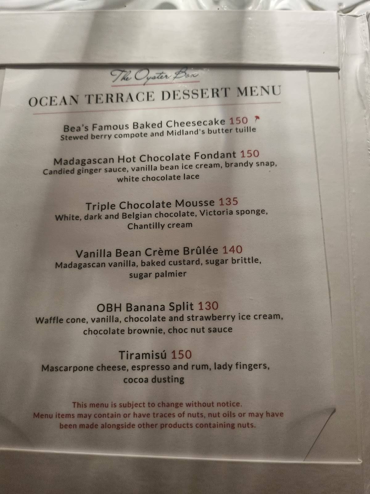 Menu at The Ocean Terrace restaurant, Umhlanga