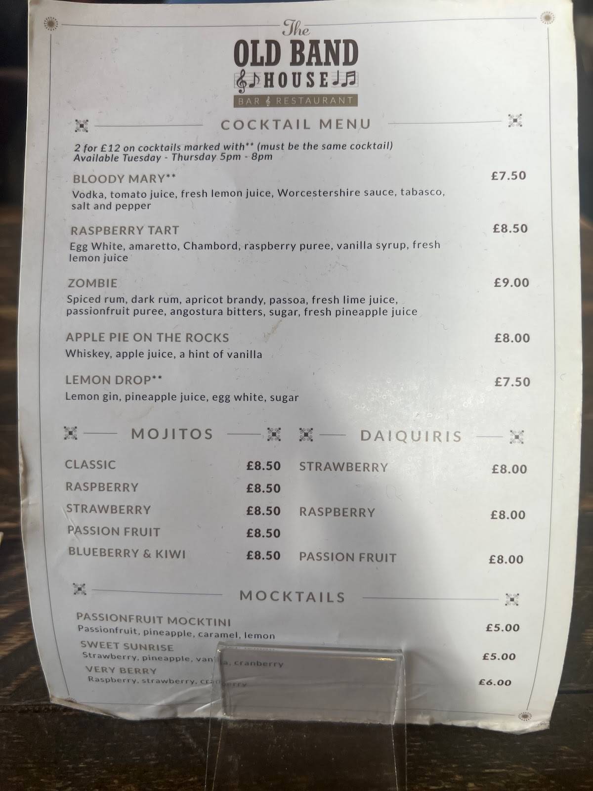Menu at The Old Band House pub & bar, Wigan