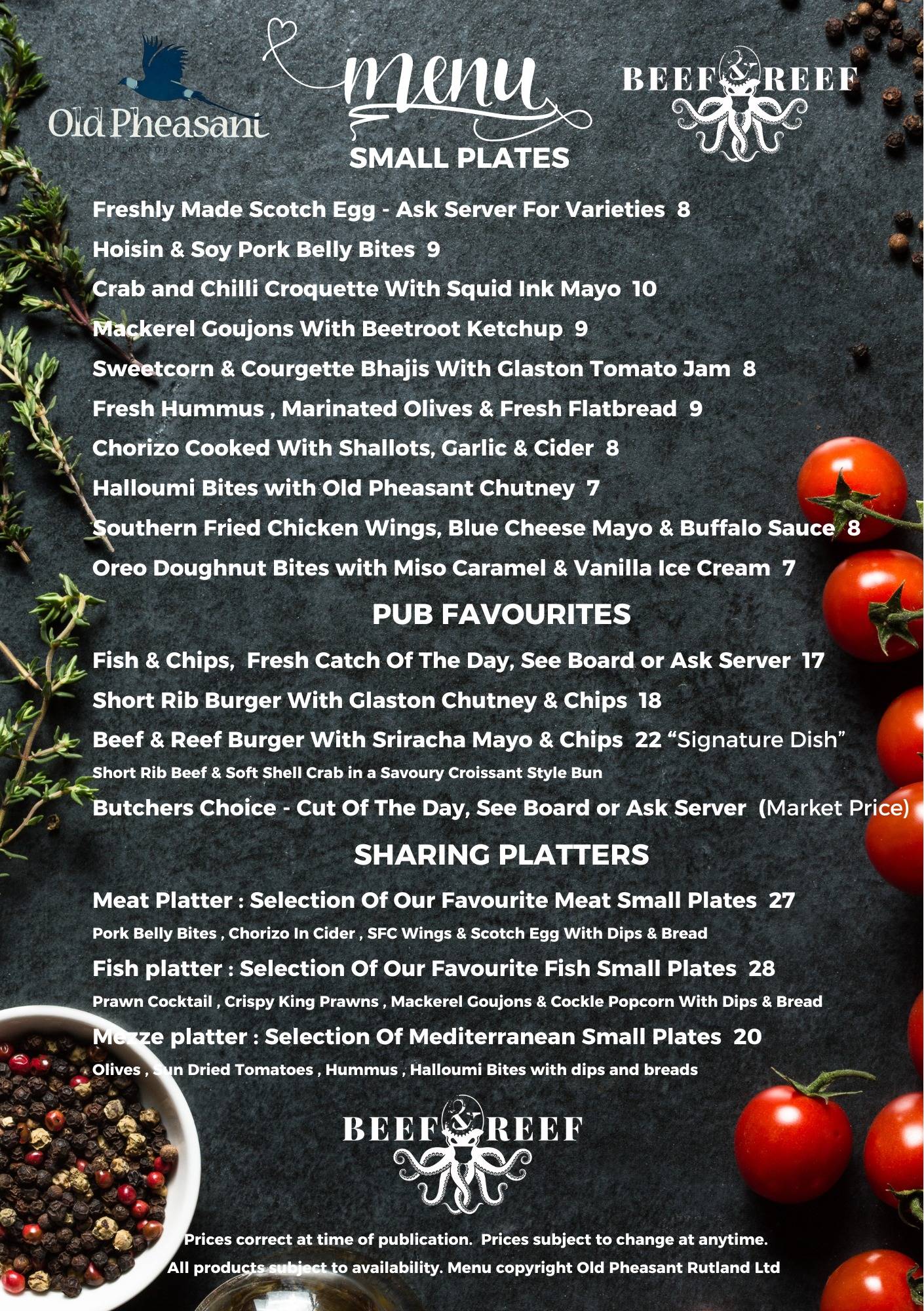 Menu at The Old Pheasant pub & bar, Uppingham