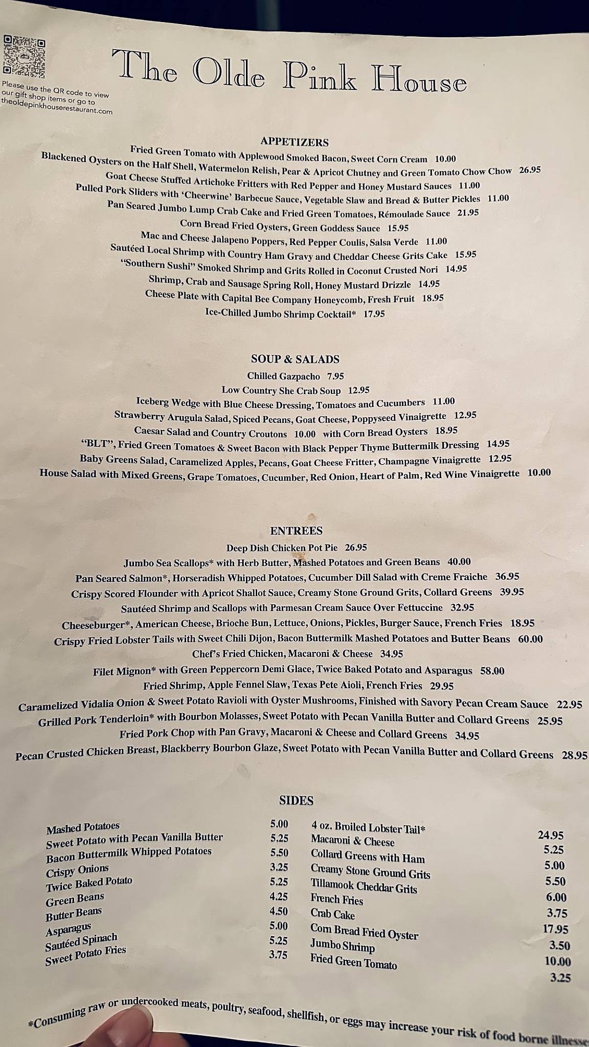 Menu at The Olde Pink House pub & bar, Savannah
