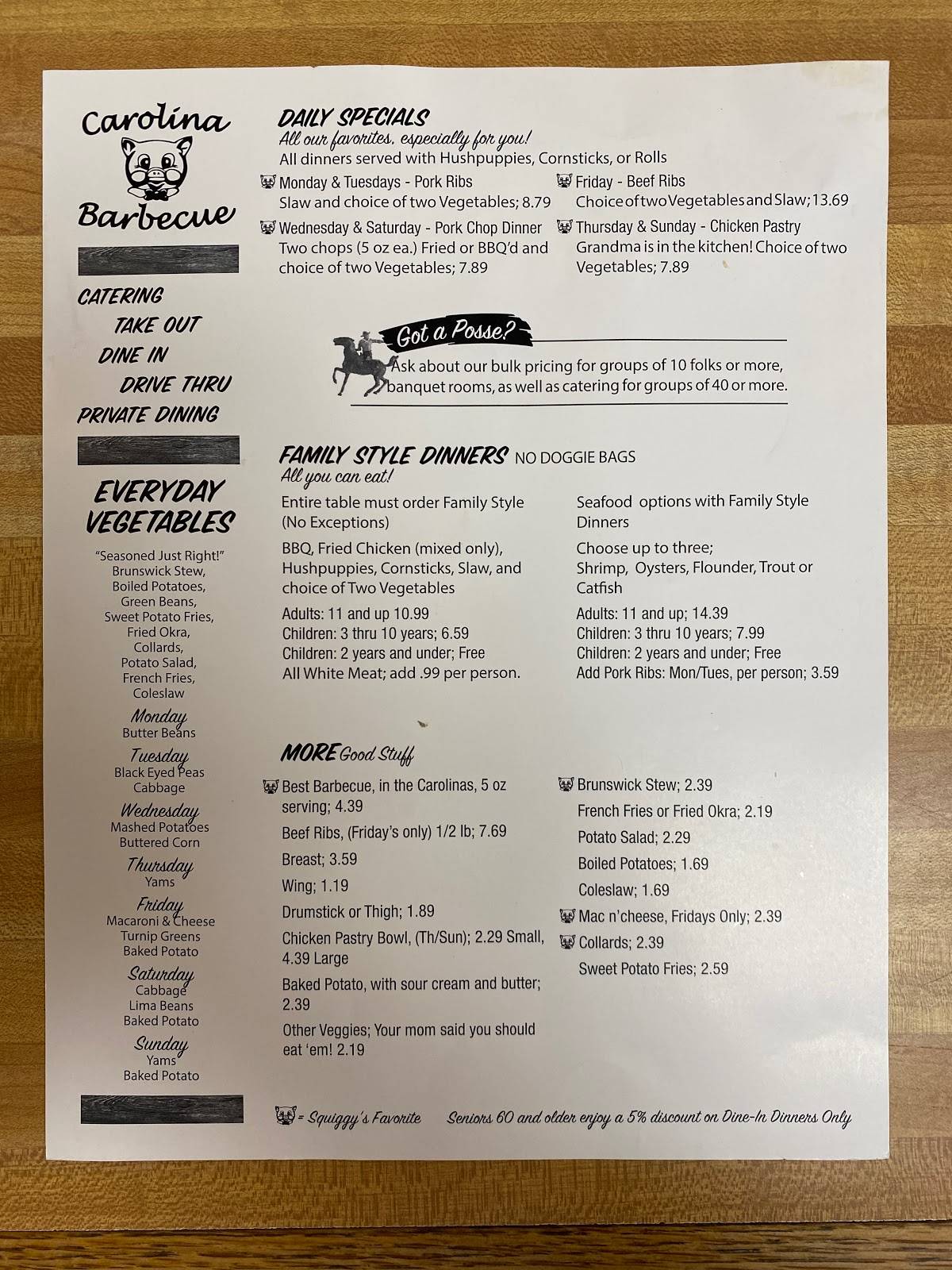 Menu at The Original Carolina Barbecue, Garner