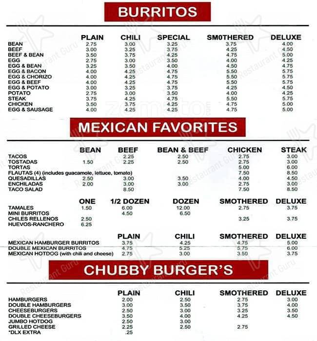 Menu at The Original Chubby's Denver fast food, Denver, W 38th Ave