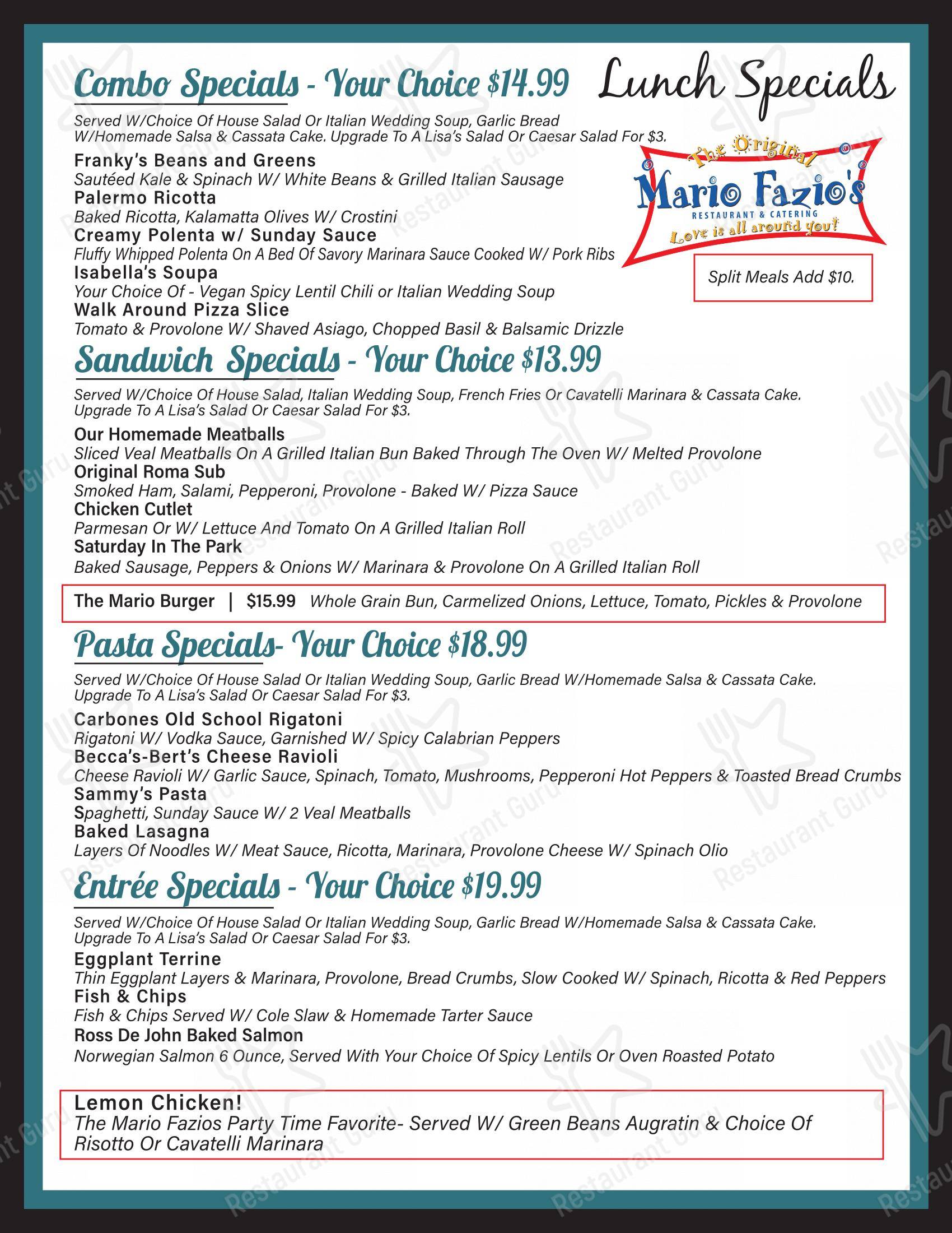 Menu at The Original Mario Fazios restaurant, Willoughby Hills