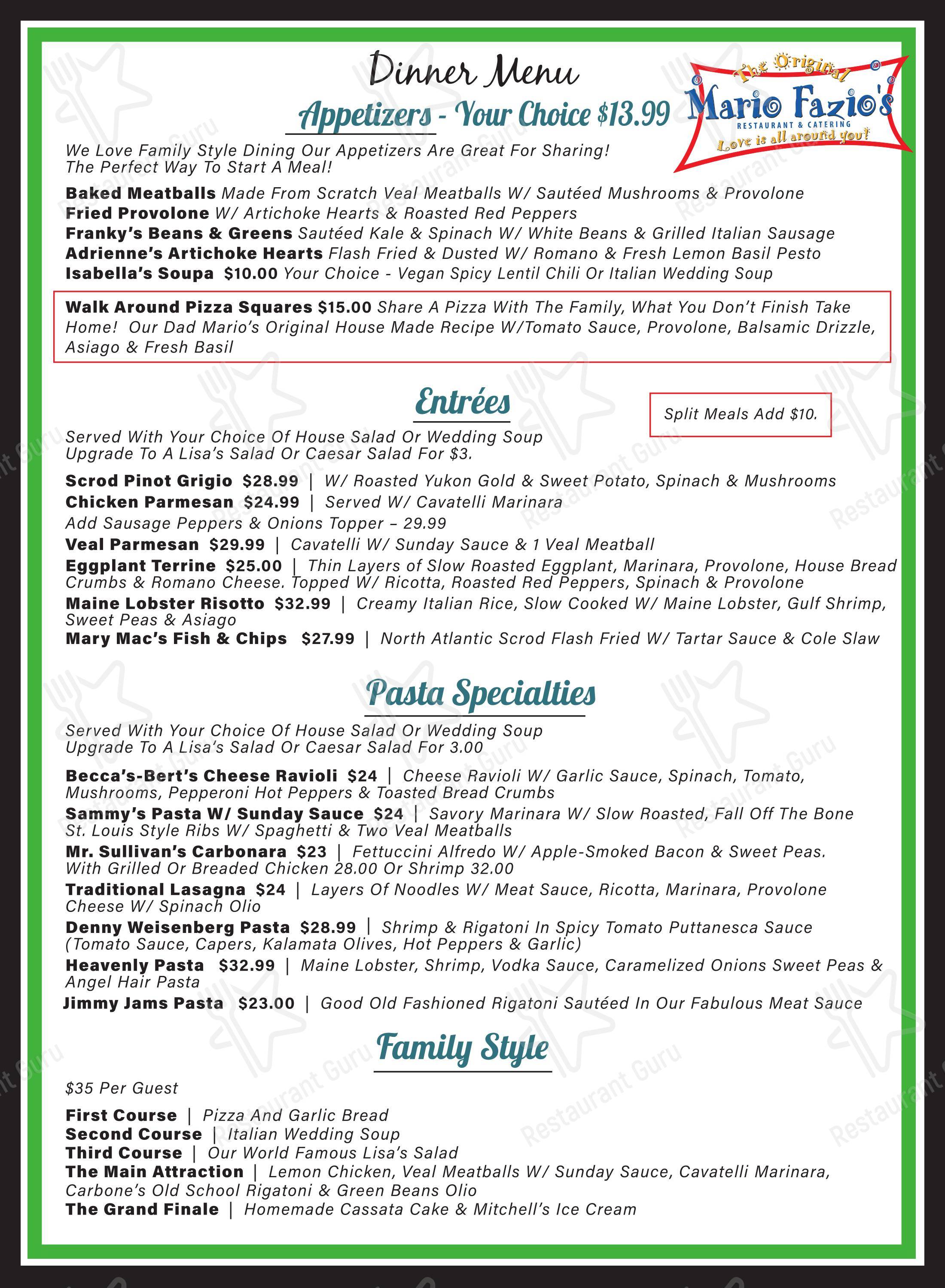 Menu at The Original Mario Fazios restaurant, Willoughby Hills