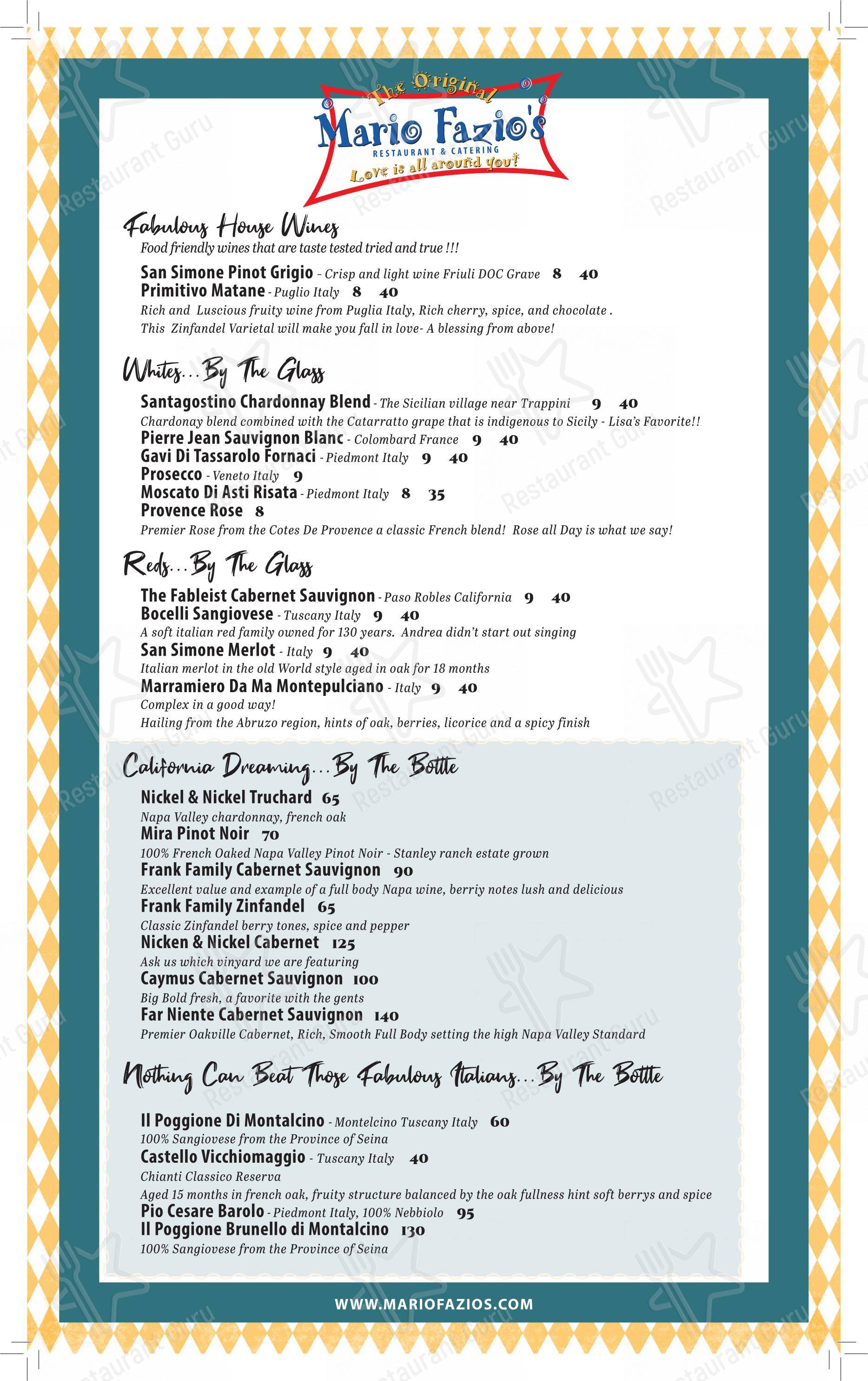 Menu at The Original Mario Fazios restaurant, Willoughby Hills