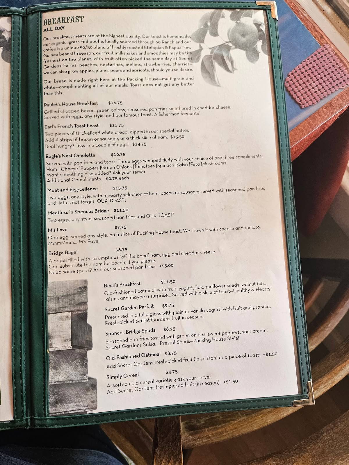Menu at The Packing House restaurant, Spences Bridge
