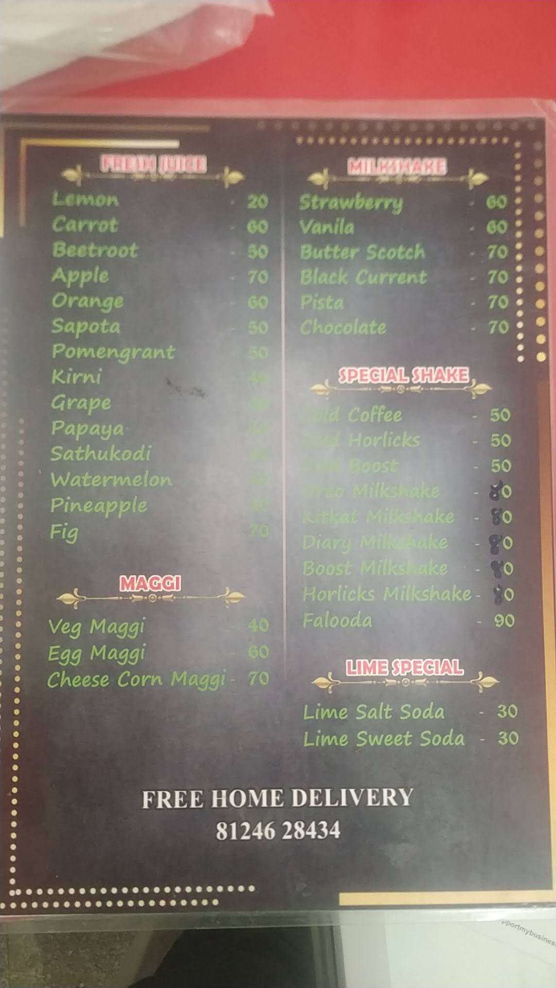Menu at The Paris Cafe, India