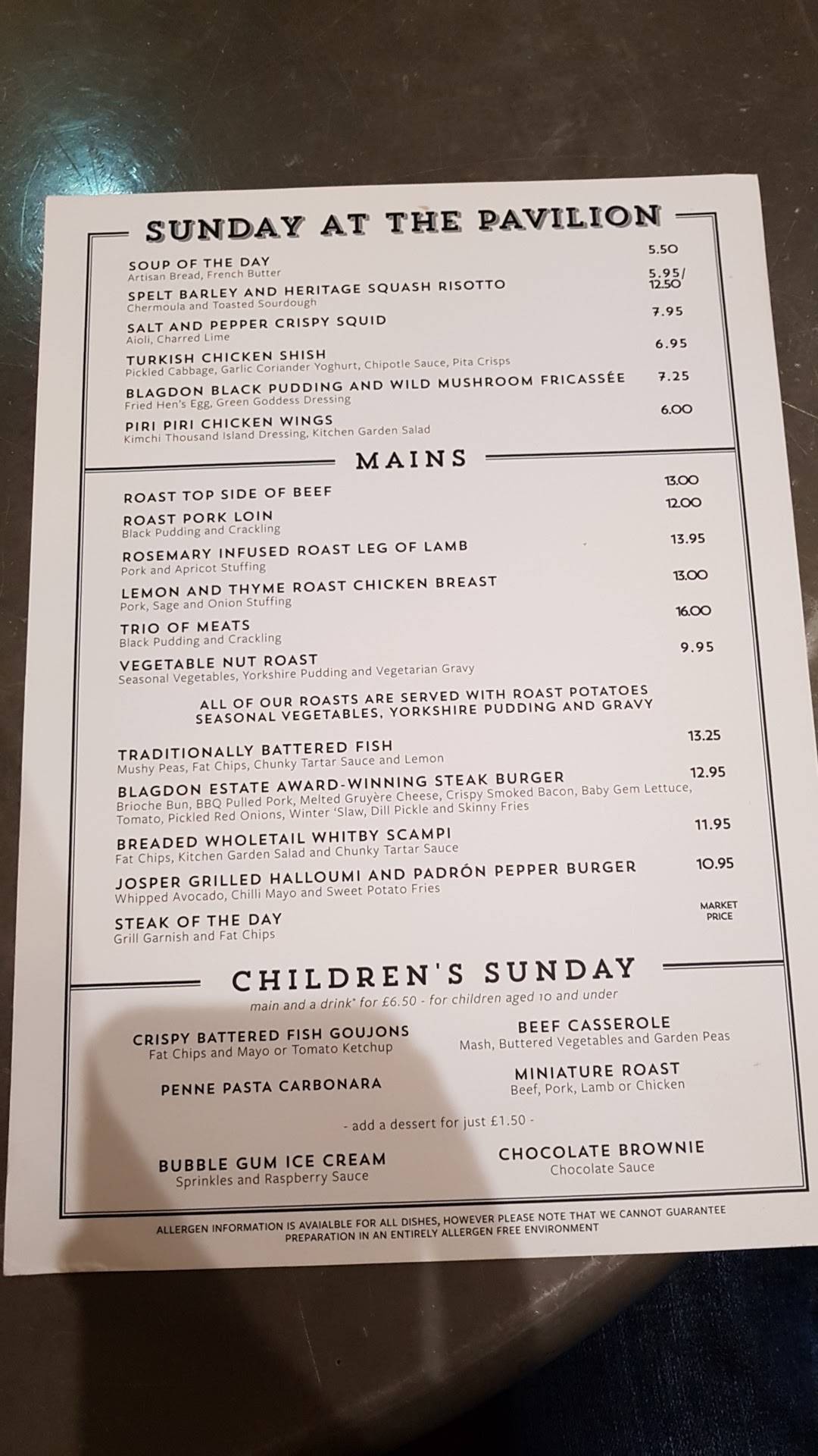 Menu at The Pavilion Bar & Grill, Newcastle upon Tyne, Hotspur N