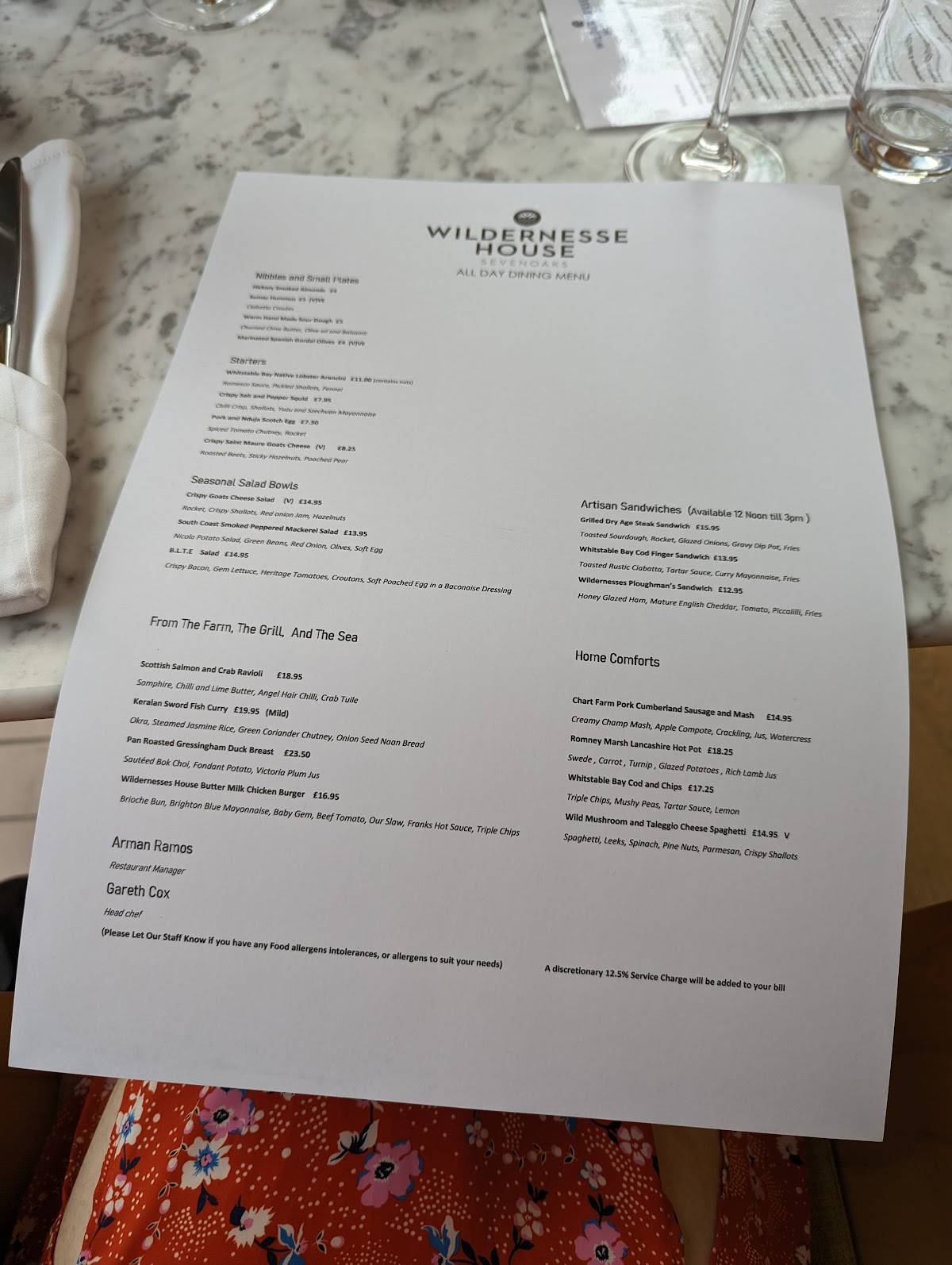 Menu at The Pavilion at Wildernesse House restaurant, Sevenoaks