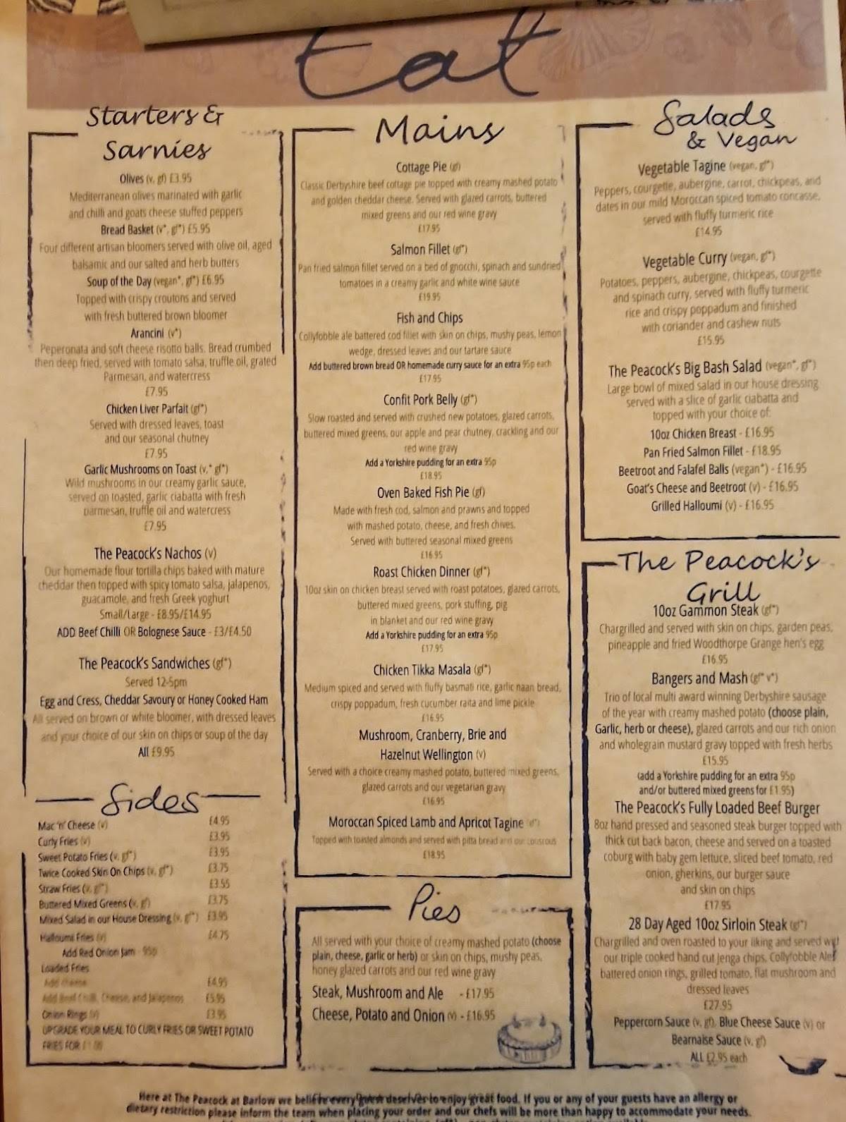 Menu at The Peacock At Barlow, Barlow