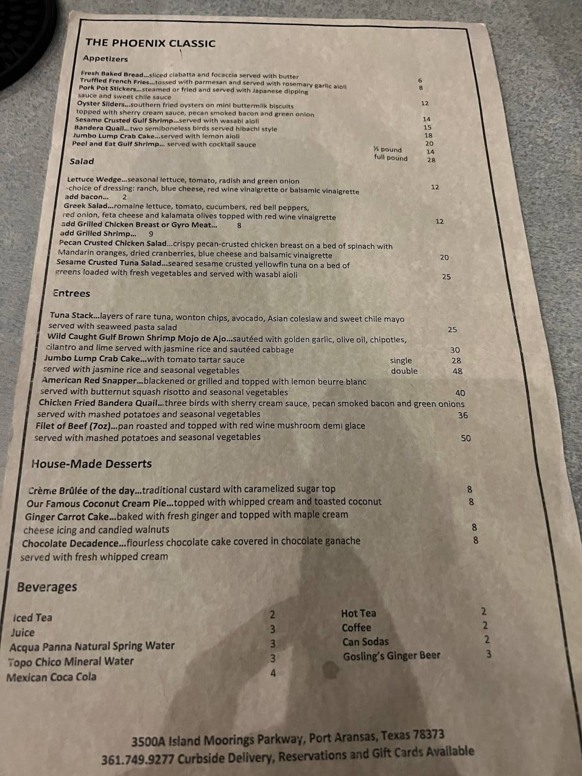 Menu at The Phoenix Restaurant & Bar, Port Aransas, -A Island Moorings Pkwy