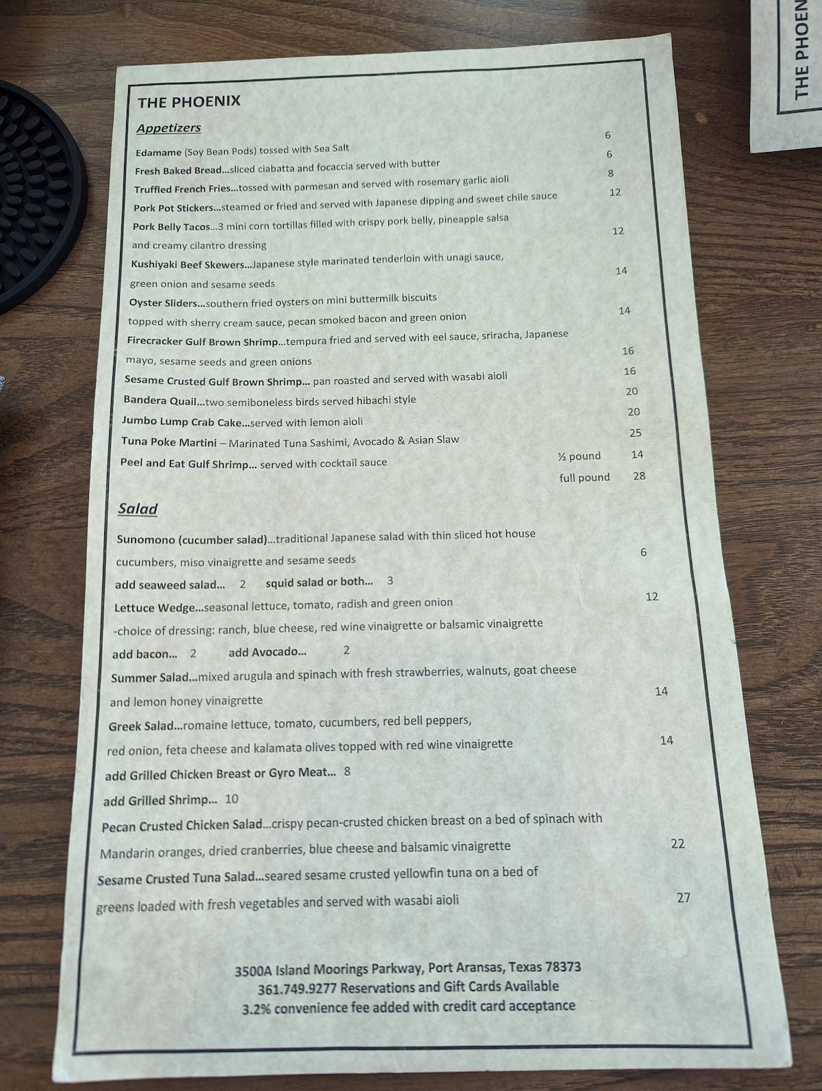 Menu at The Phoenix Restaurant & Bar, Port Aransas, -A Island Moorings Pkwy