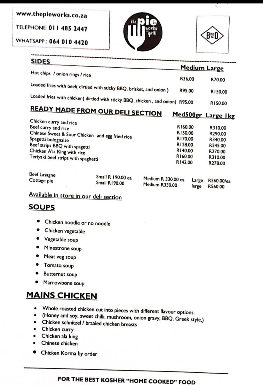 Menu at The PieWorks restaurant, Johannesburg