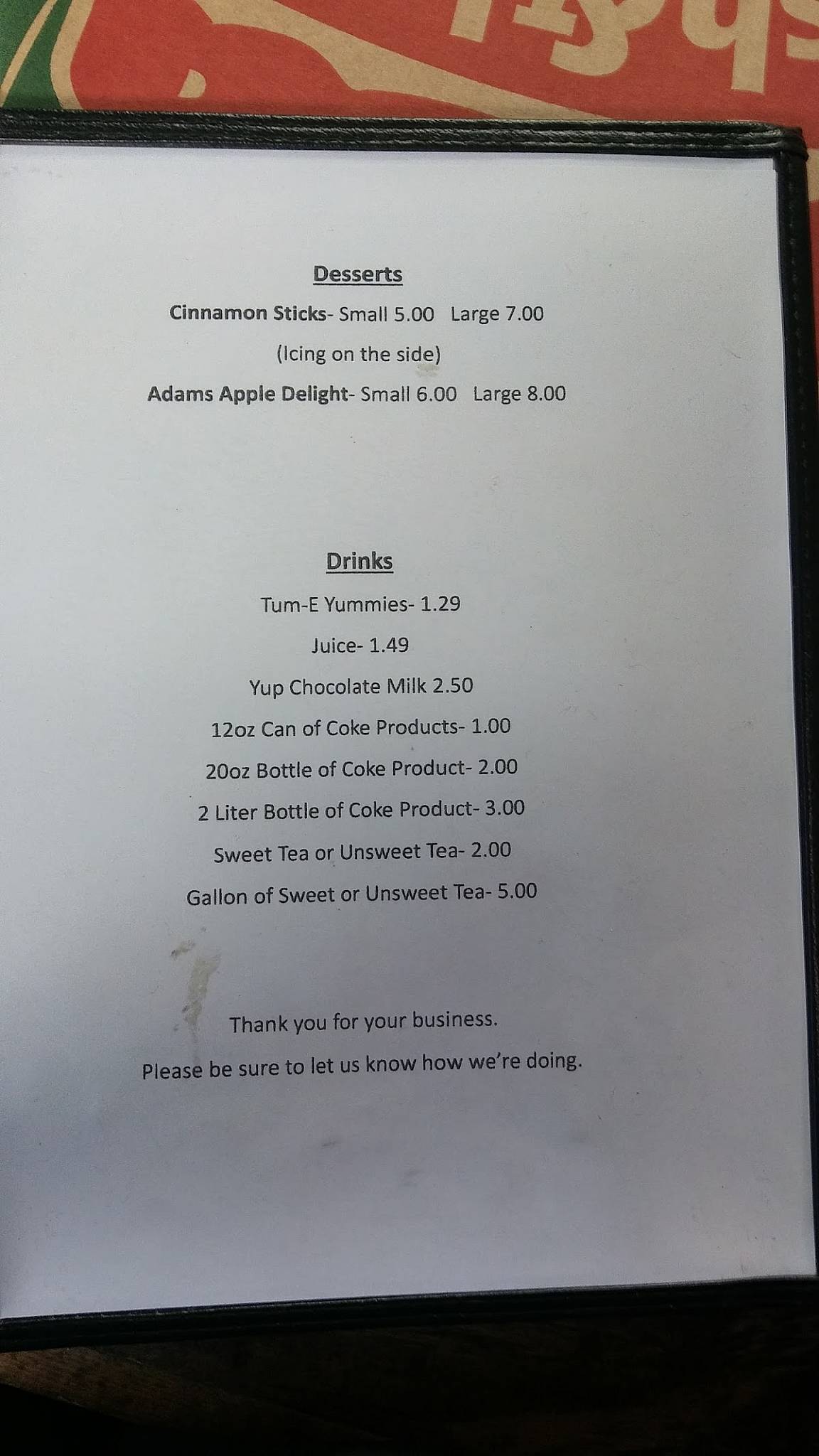 Menu at The Pizza Box restaurant, Pennsboro