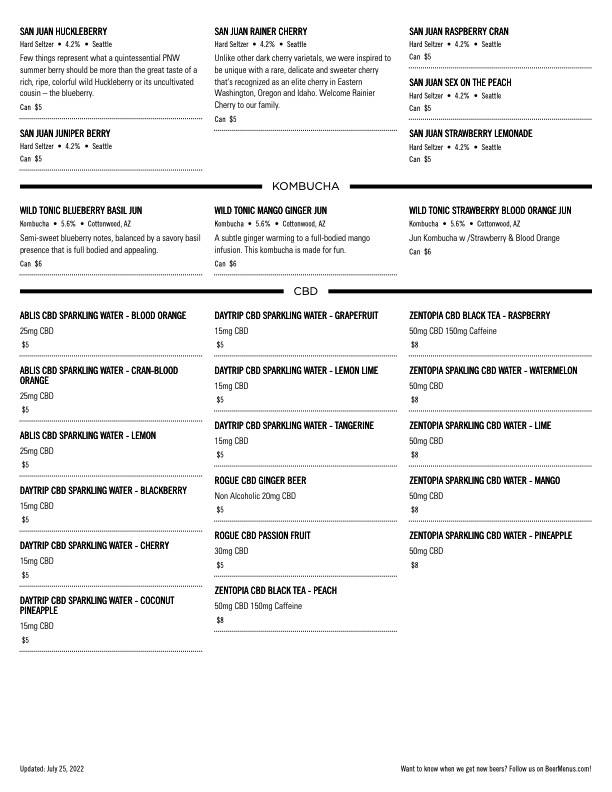 Menu at The Prohibition Bar, Seattle