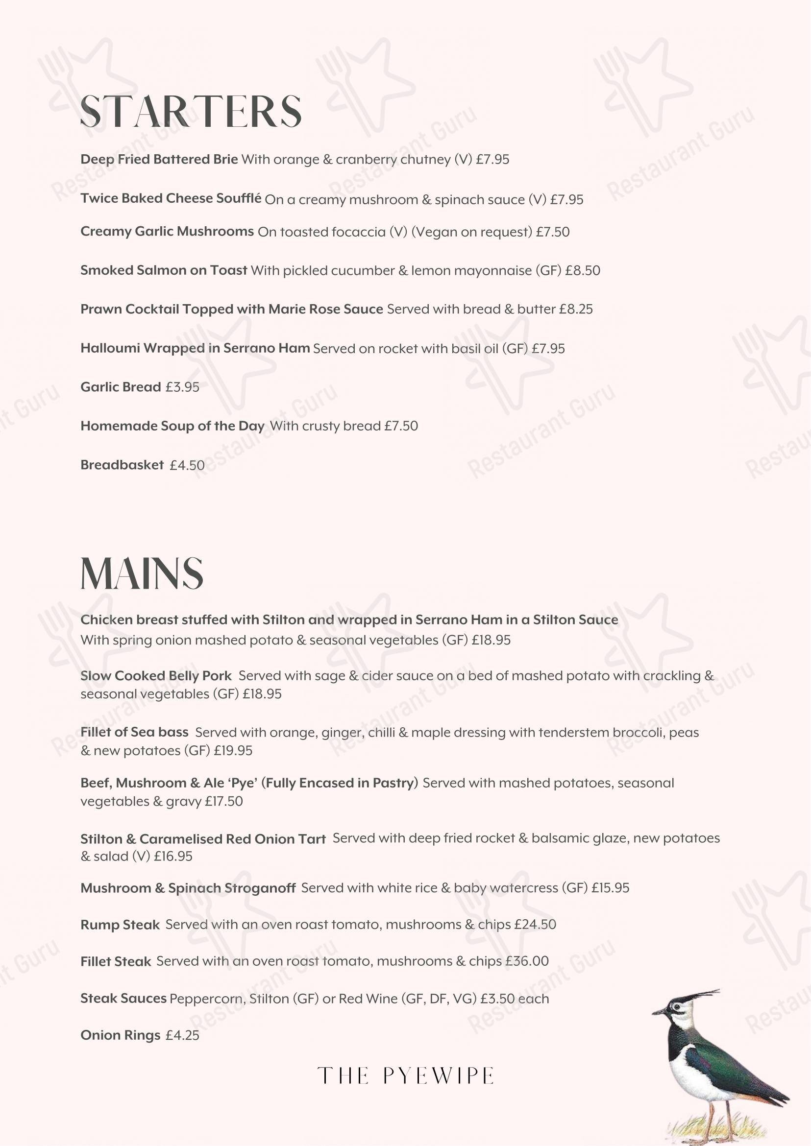 Menu at The Pyewipe Inn pub & bar, Lincoln