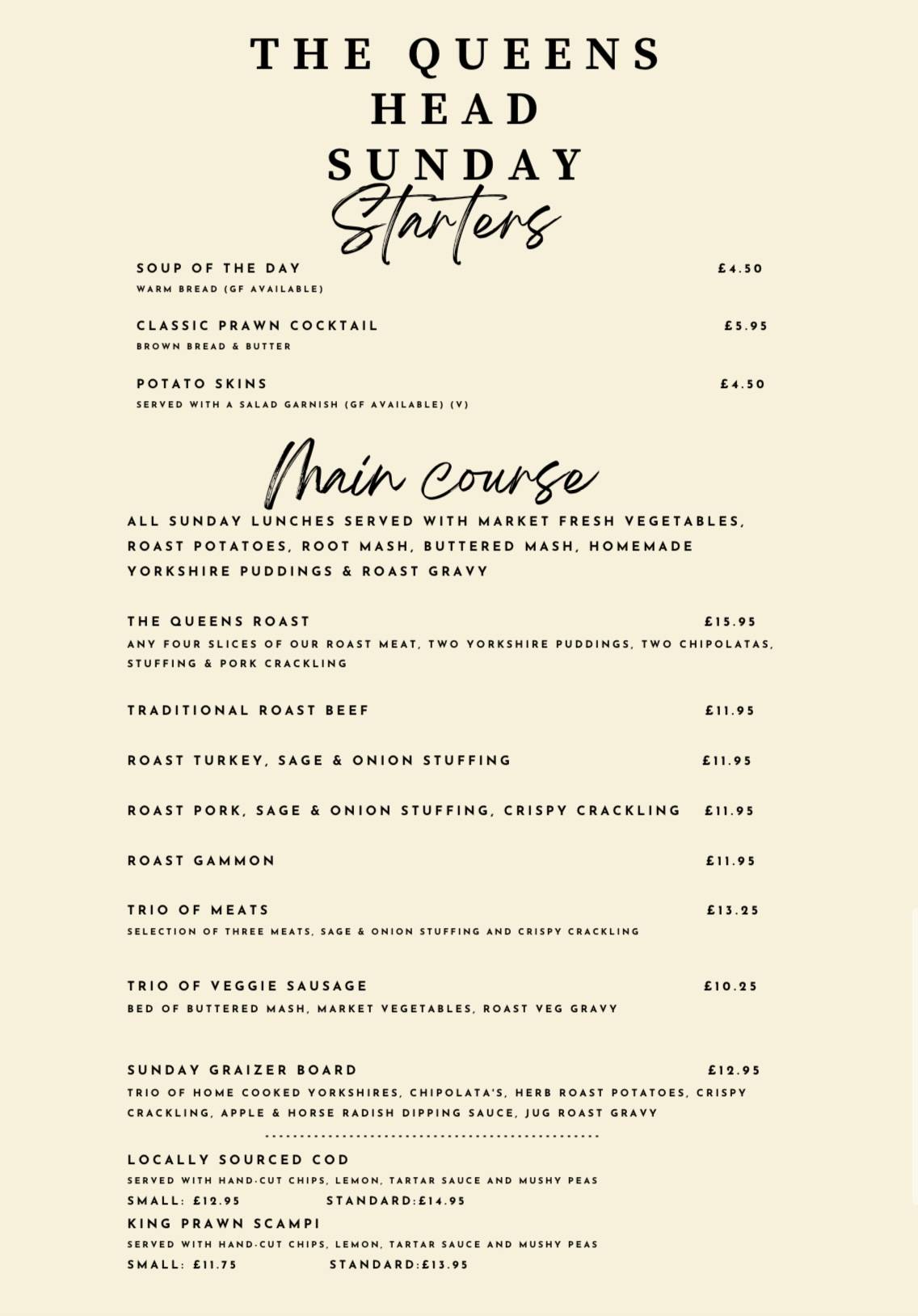 Menu at The Queens Head Cullercoats pub & bar, North Shields, 6 Front St