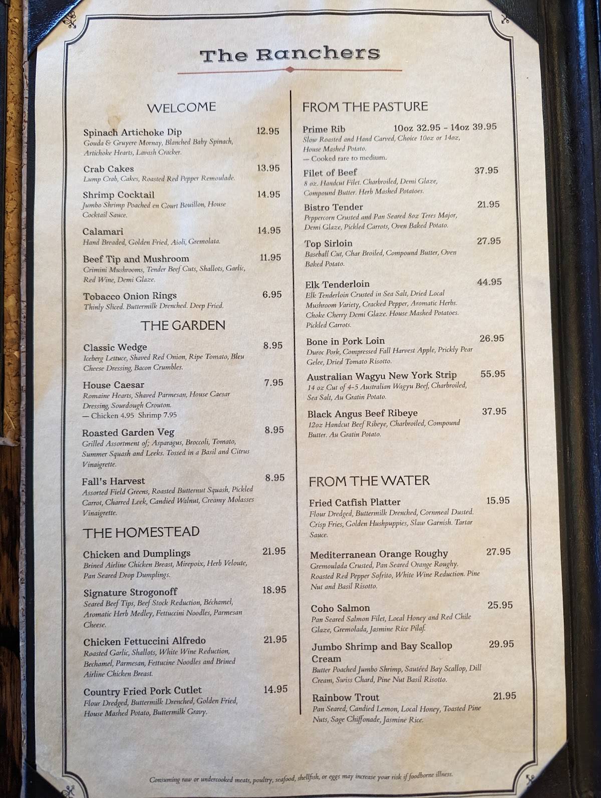 Menu at The Ranchers Steak and Seafood Restaraunt steakhouse, Ruidoso