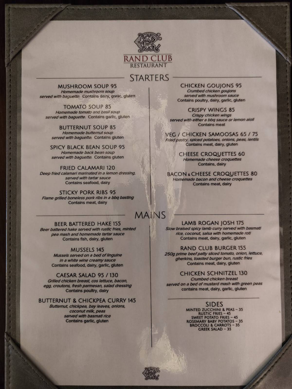 Menu at The Rand Club, Johannesburg