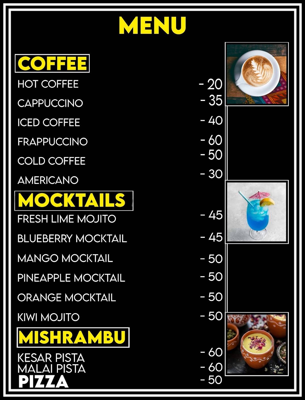 Menu at The Rave's restaurant and drinks, Varanasi